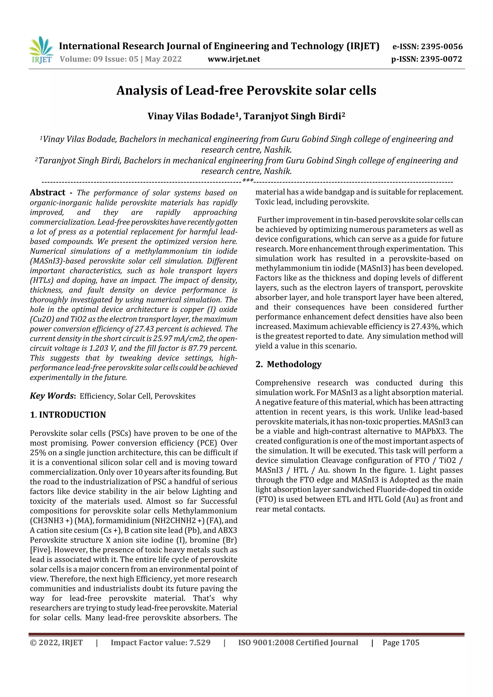 Analysis of Lead-free Perovskite solar cells | PDF