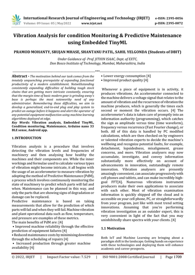 Vibration Analysis for condition Monitoring & Predictive Maintenance using Embedded TinyML | PDF