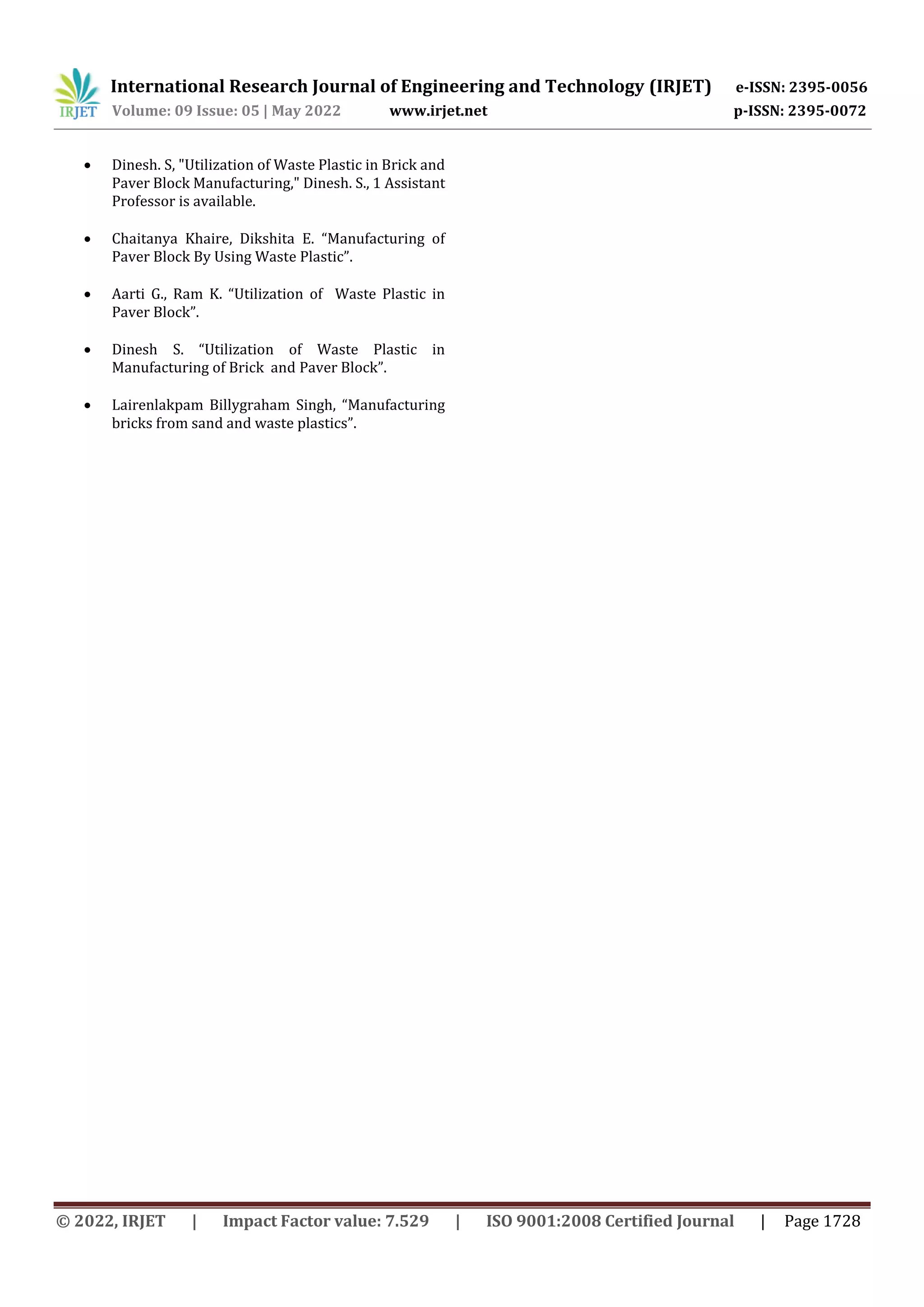 Plastic Waste Utilization for Manufacturing of Paver Block | PDF
