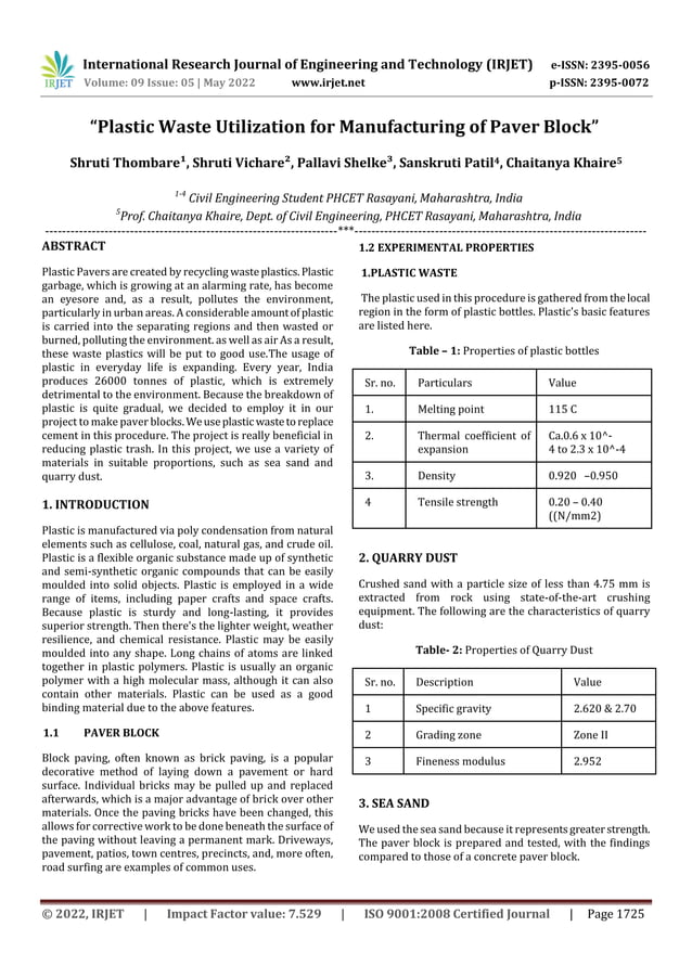 Plastic Waste Utilization for Manufacturing of Paver Block | PDF