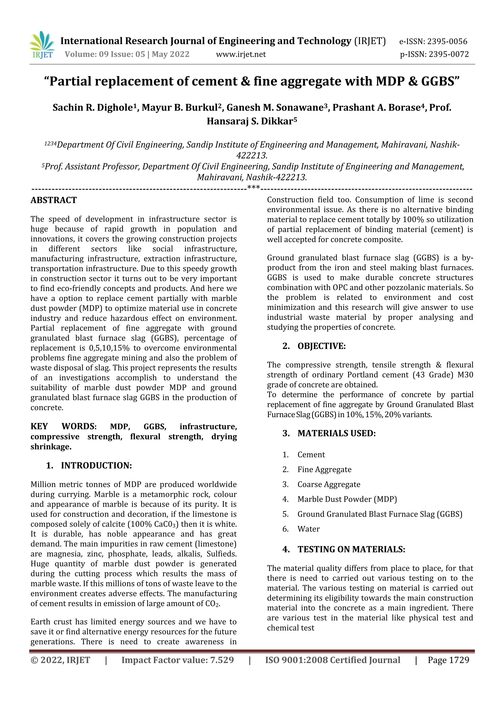 “Partial replacement of cement & fine aggregate with MDP & GGBS” | PDF