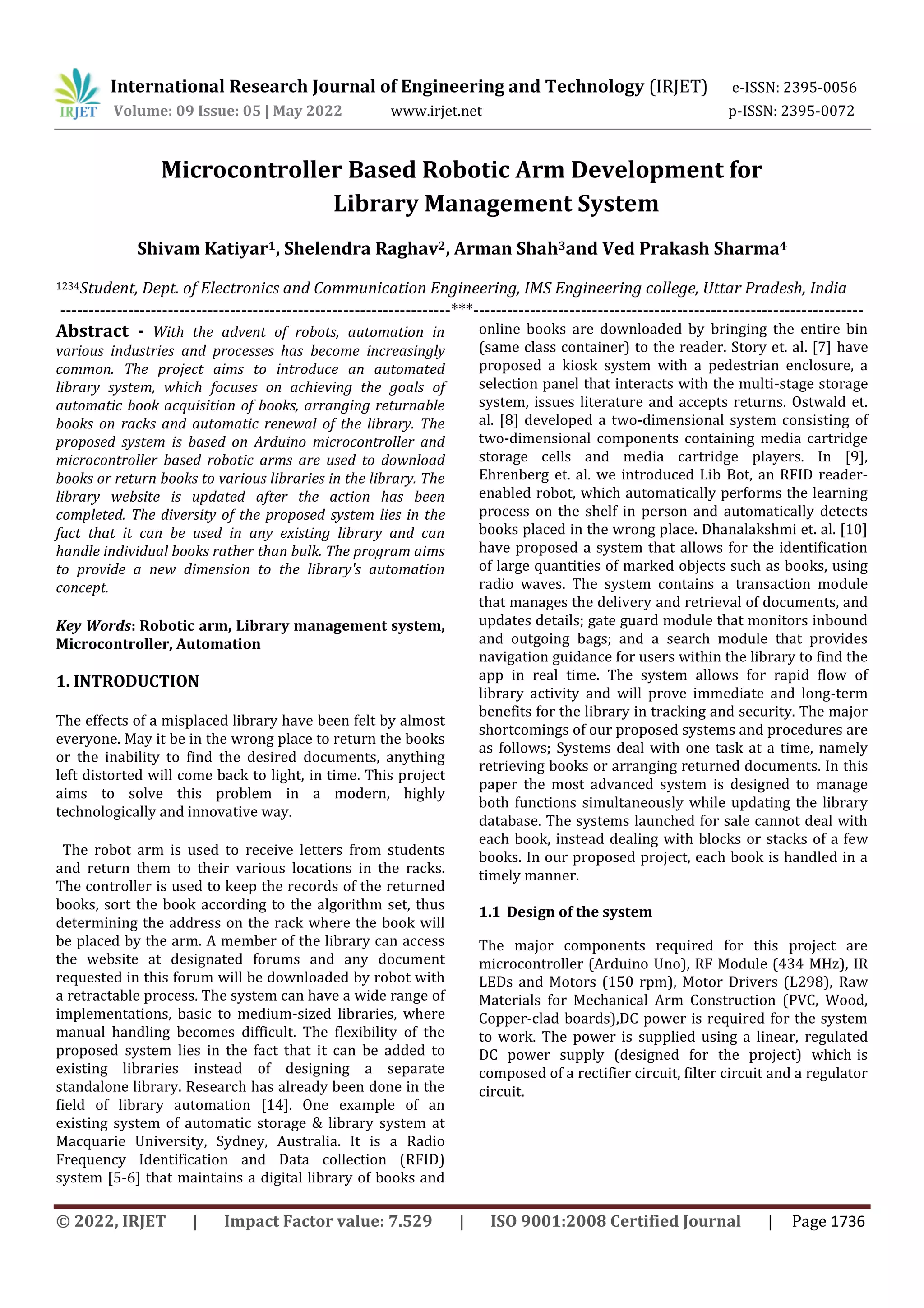 Microcontroller Based Robotic Arm Development for Library Management System | PDF