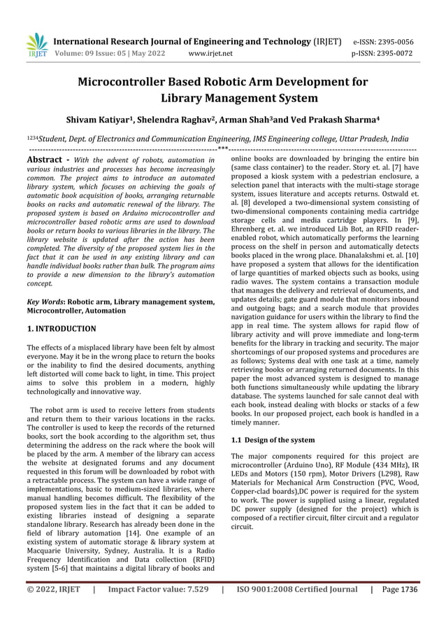 Microcontroller Based Robotic Arm Development for Library Management System | PDF
