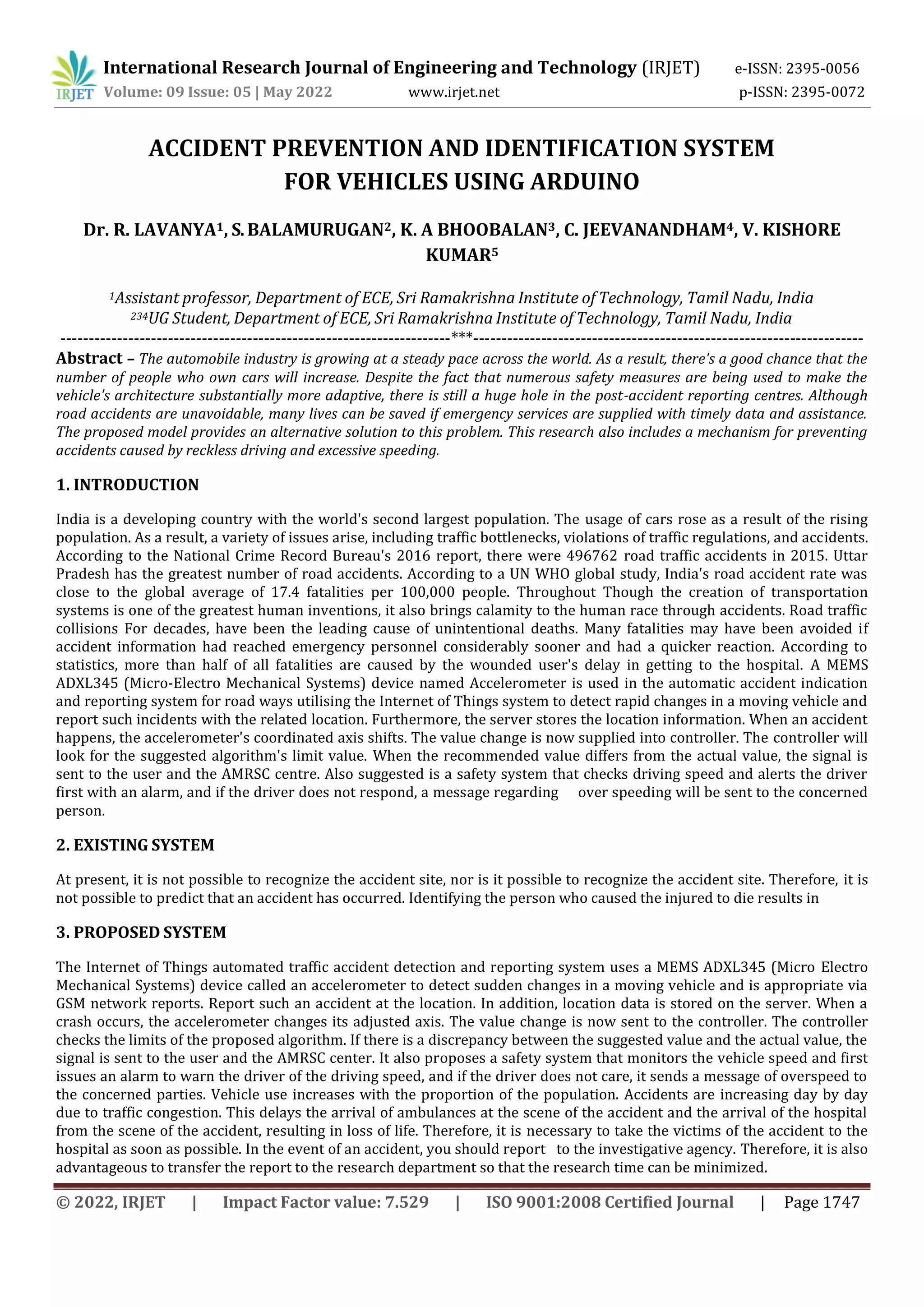 ACCIDENT PREVENTION AND IDENTIFICATION SYSTEM FOR VEHICLES USING ARDUINO | PDF | Injuries ...