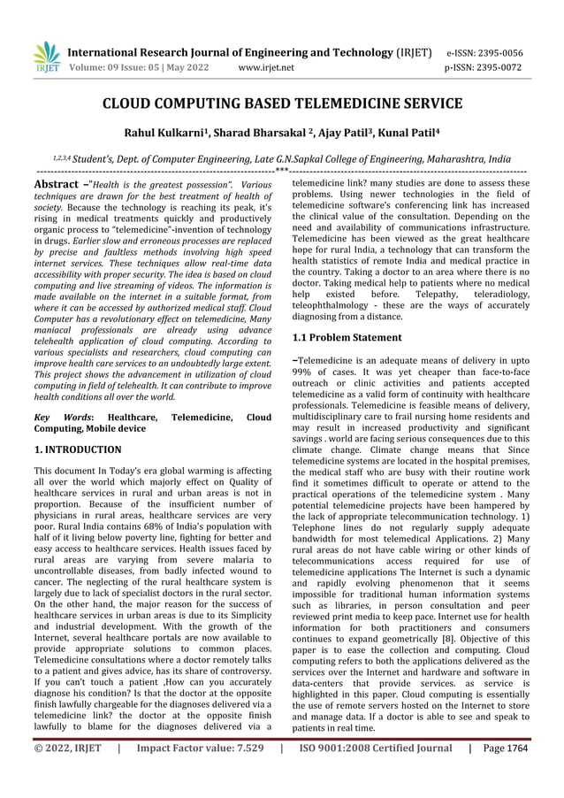 CLOUD COMPUTING BASED TELEMEDICINE SERVICE | PDF