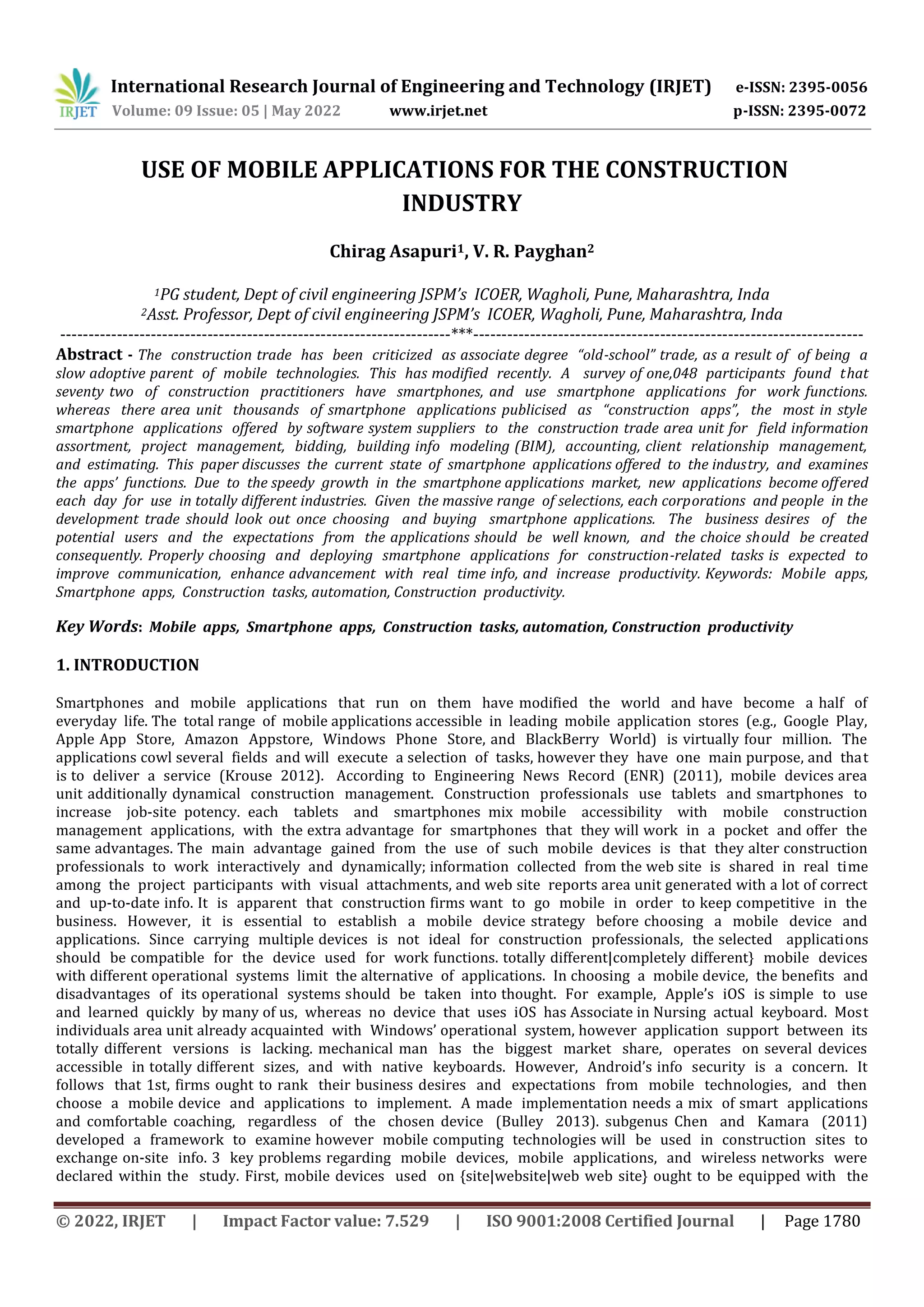 USE OF MOBILE APPLICATIONS FOR THE CONSTRUCTION INDUSTRY | PDF