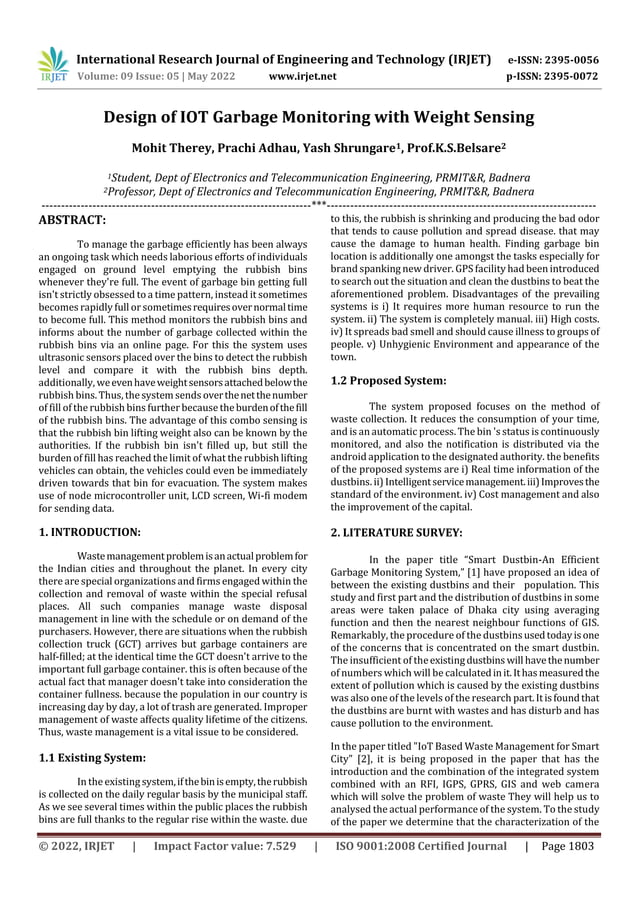 Design of IOT Garbage Monitoring with Weight Sensing | PDF