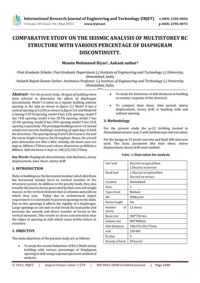 COMPARATIVE STUDY ON THE SEISMIC ANALYSIS OF MULTISTOREY RC STRUCTURE WITH VARIOUS PERCENTAGE OF ...