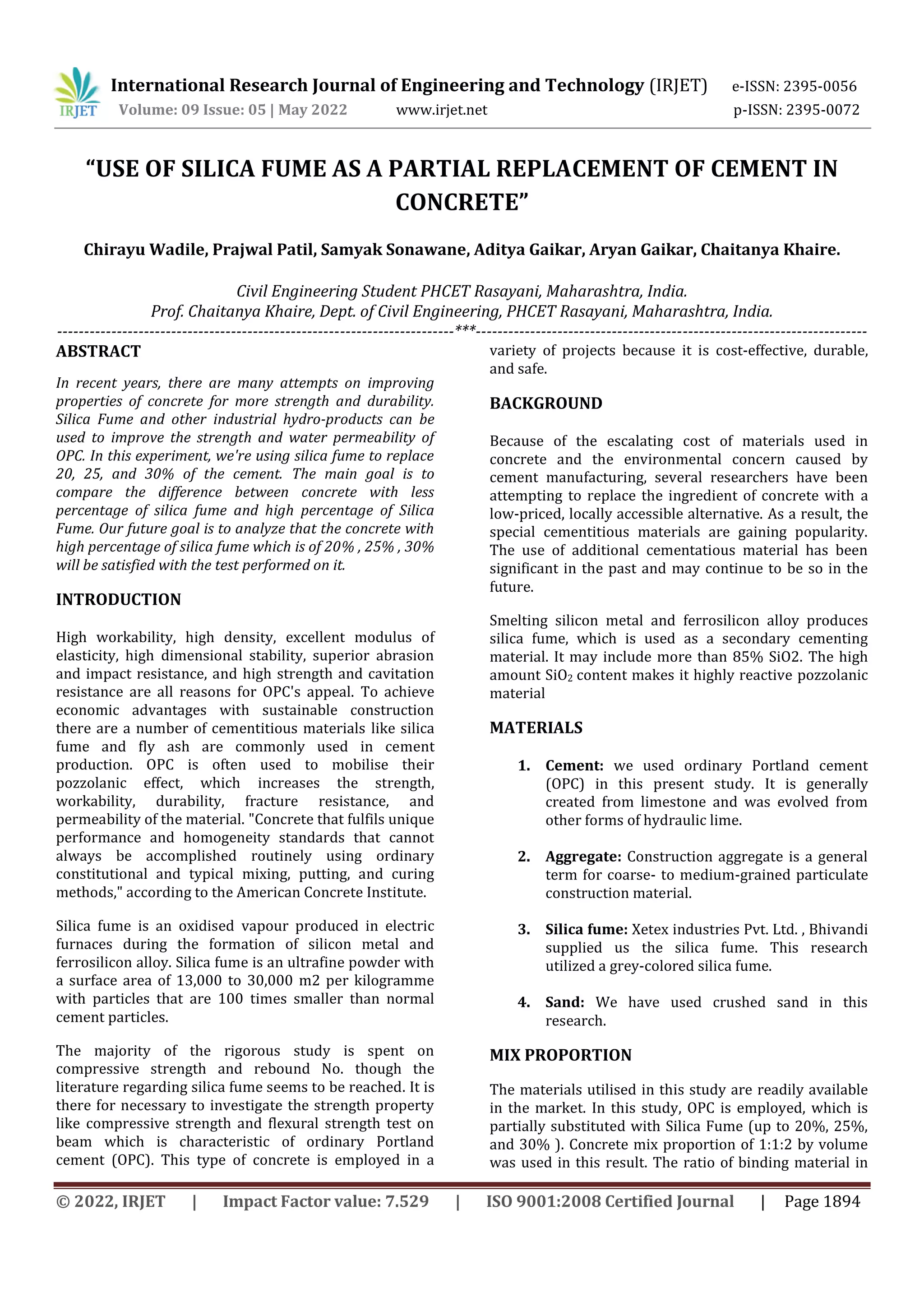 “USE OF SILICA FUME AS A PARTIAL REPLACEMENT OF CEMENT IN CONCRETE ...