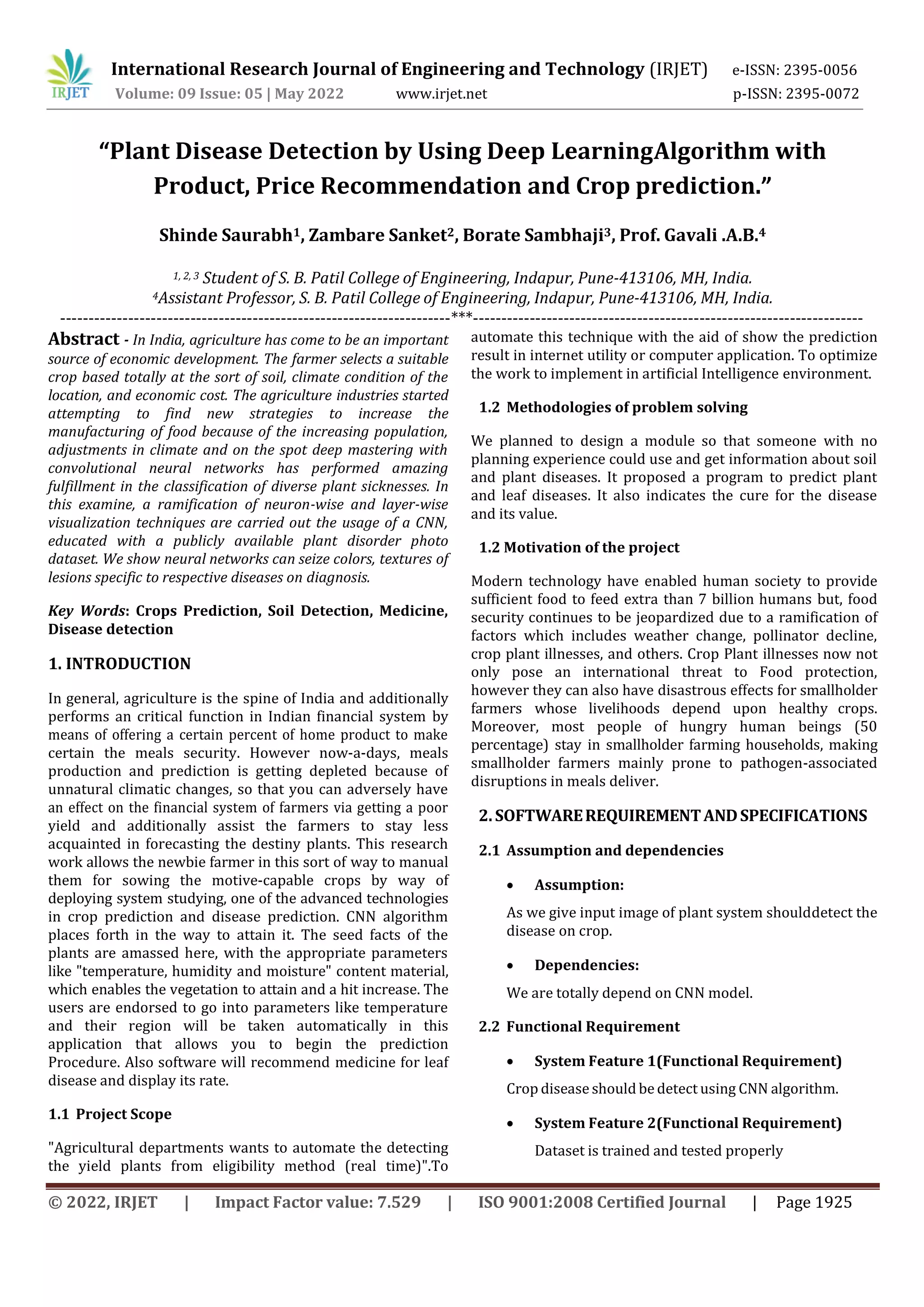 “Plant Disease Detection by Using Deep LearningAlgorithm with Product, Price Recommendation and ...