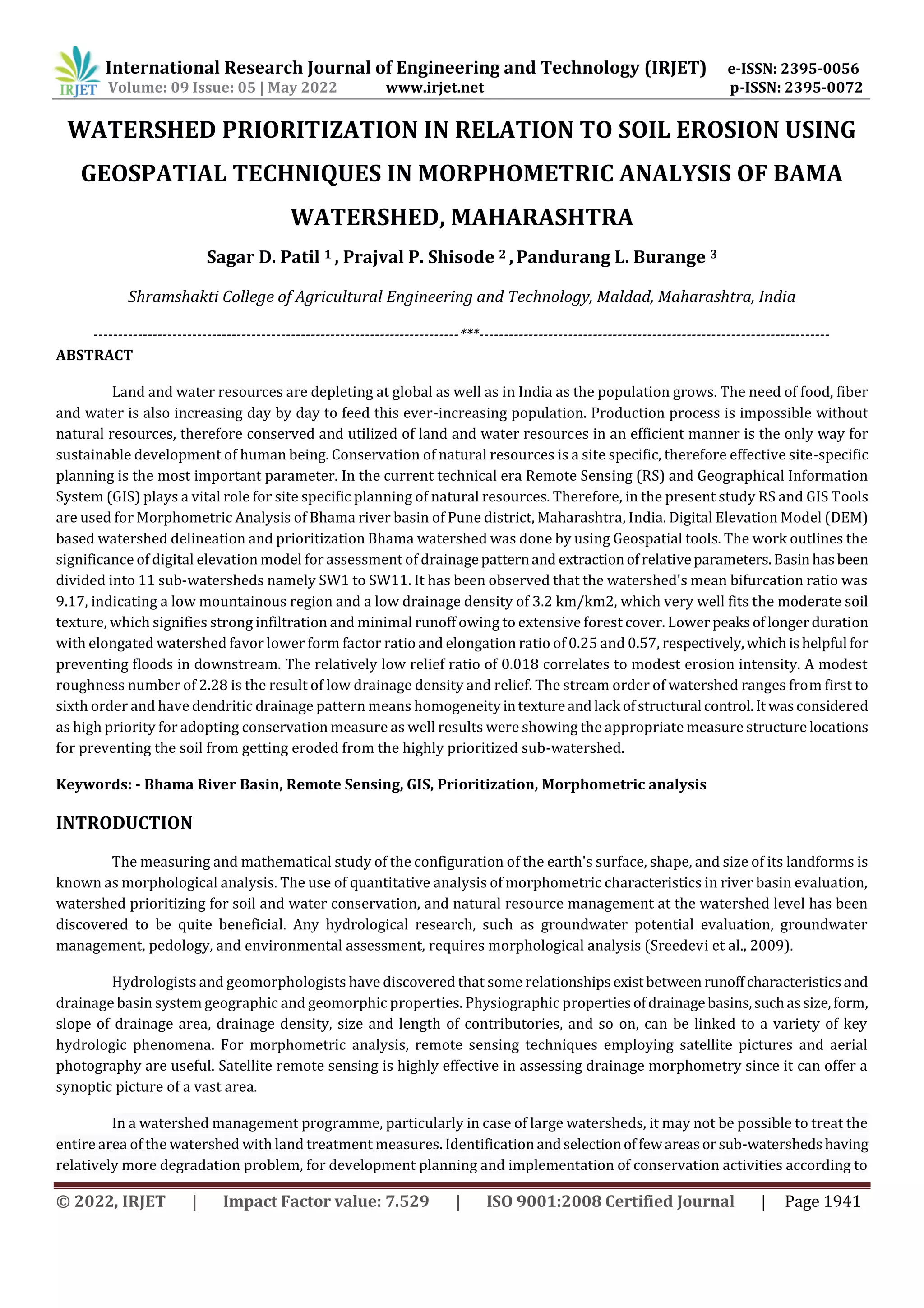 WATERSHED PRIORITIZATION IN RELATION TO SOIL EROSION USING GEOSPATIAL ...