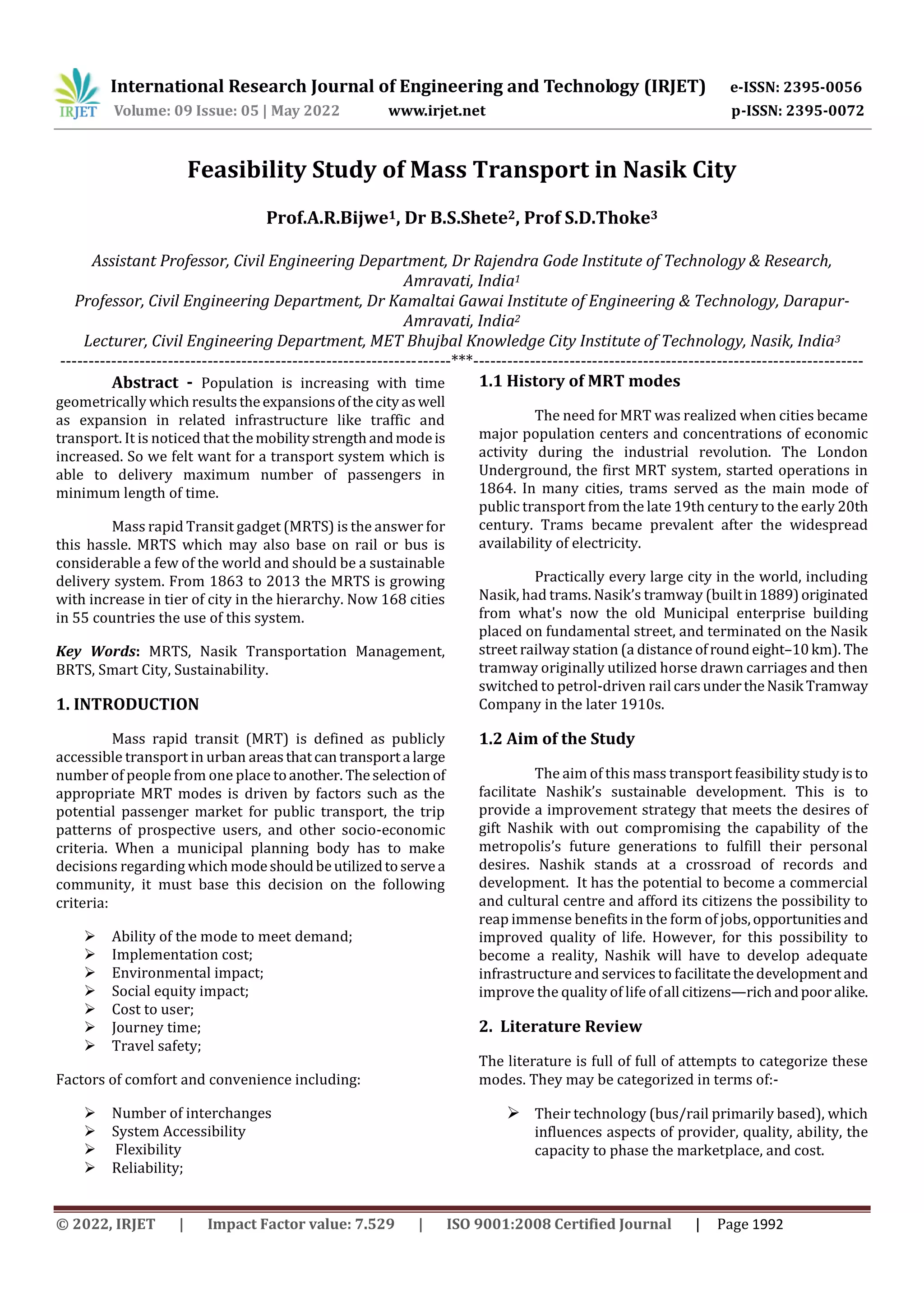 Feasibility Study of Mass Transport in Nasik City | PDF