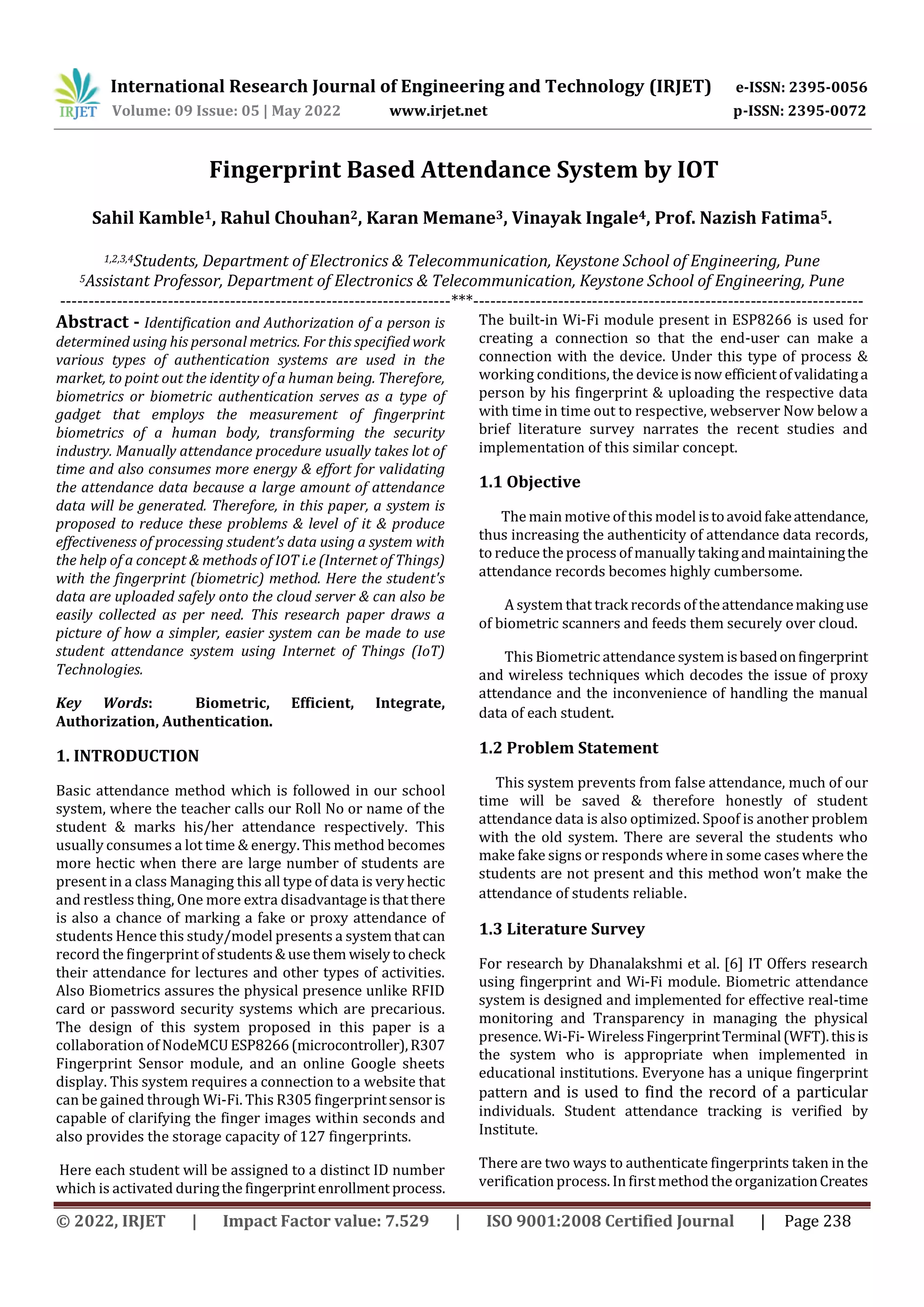 Fingerprint Based Attendance System by IOT | PDF