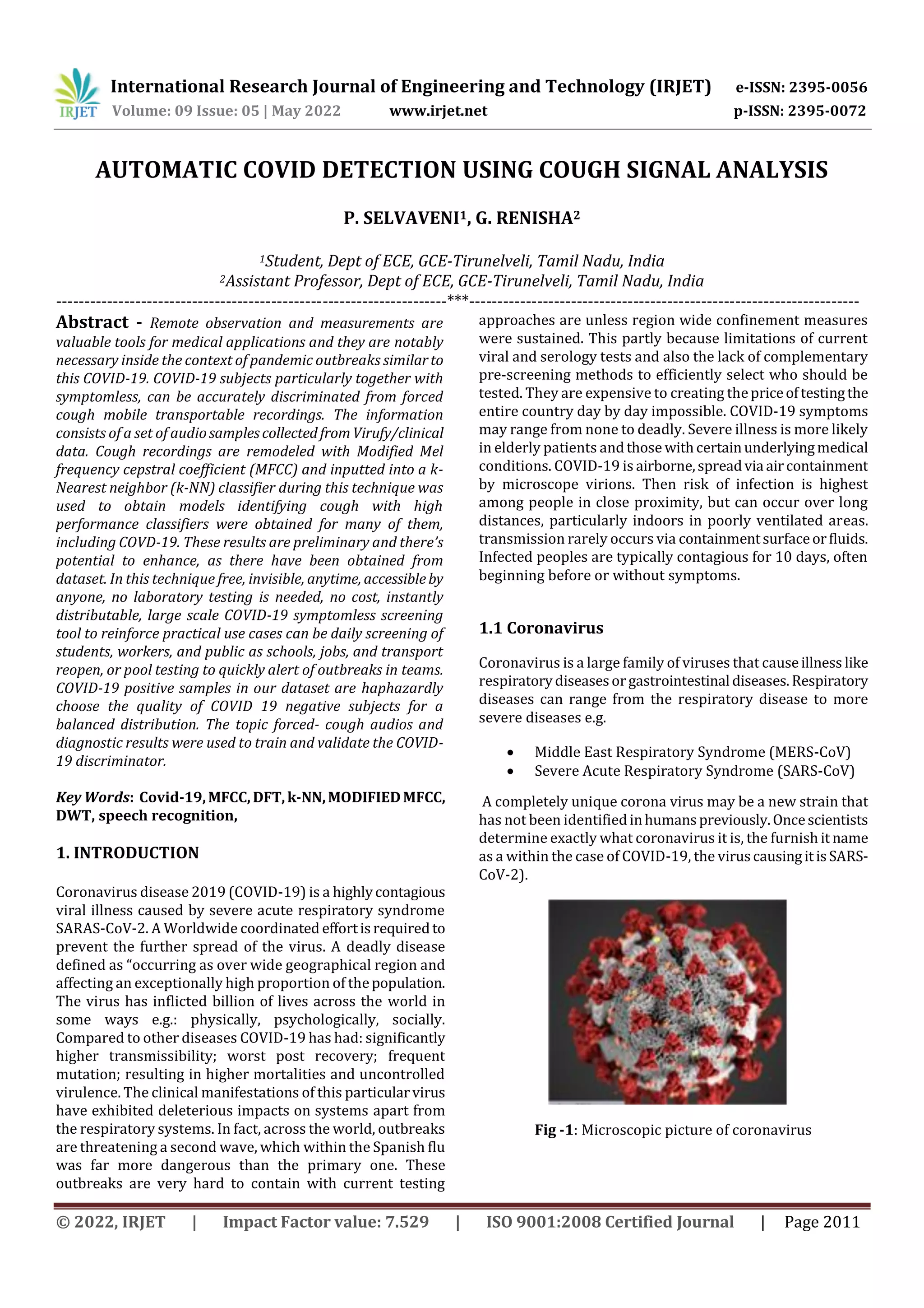 AUTOMATIC COVID DETECTION USING COUGH SIGNAL ANALYSIS | PDF