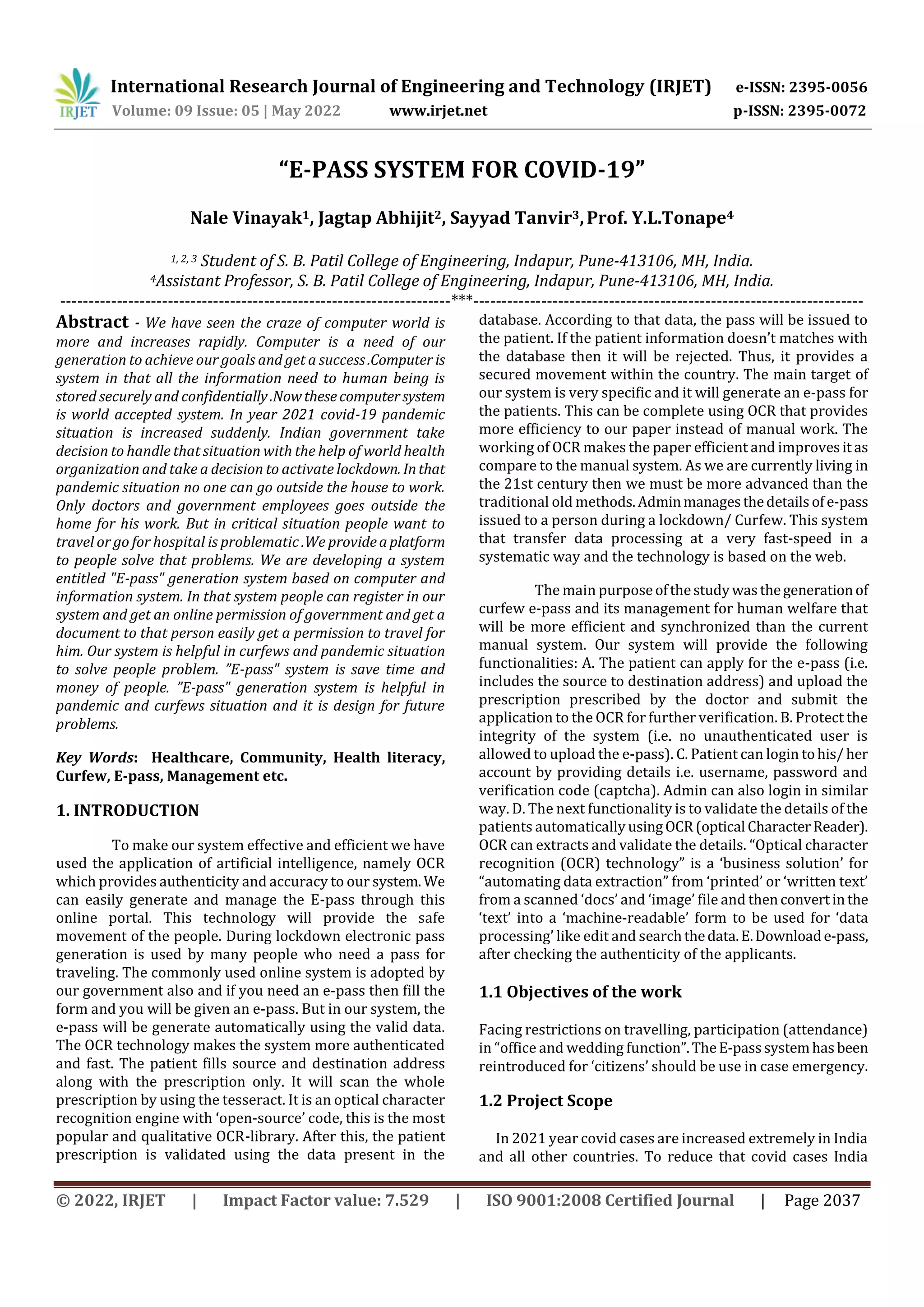 “E-PASS SYSTEM FOR COVID-19” | PDF