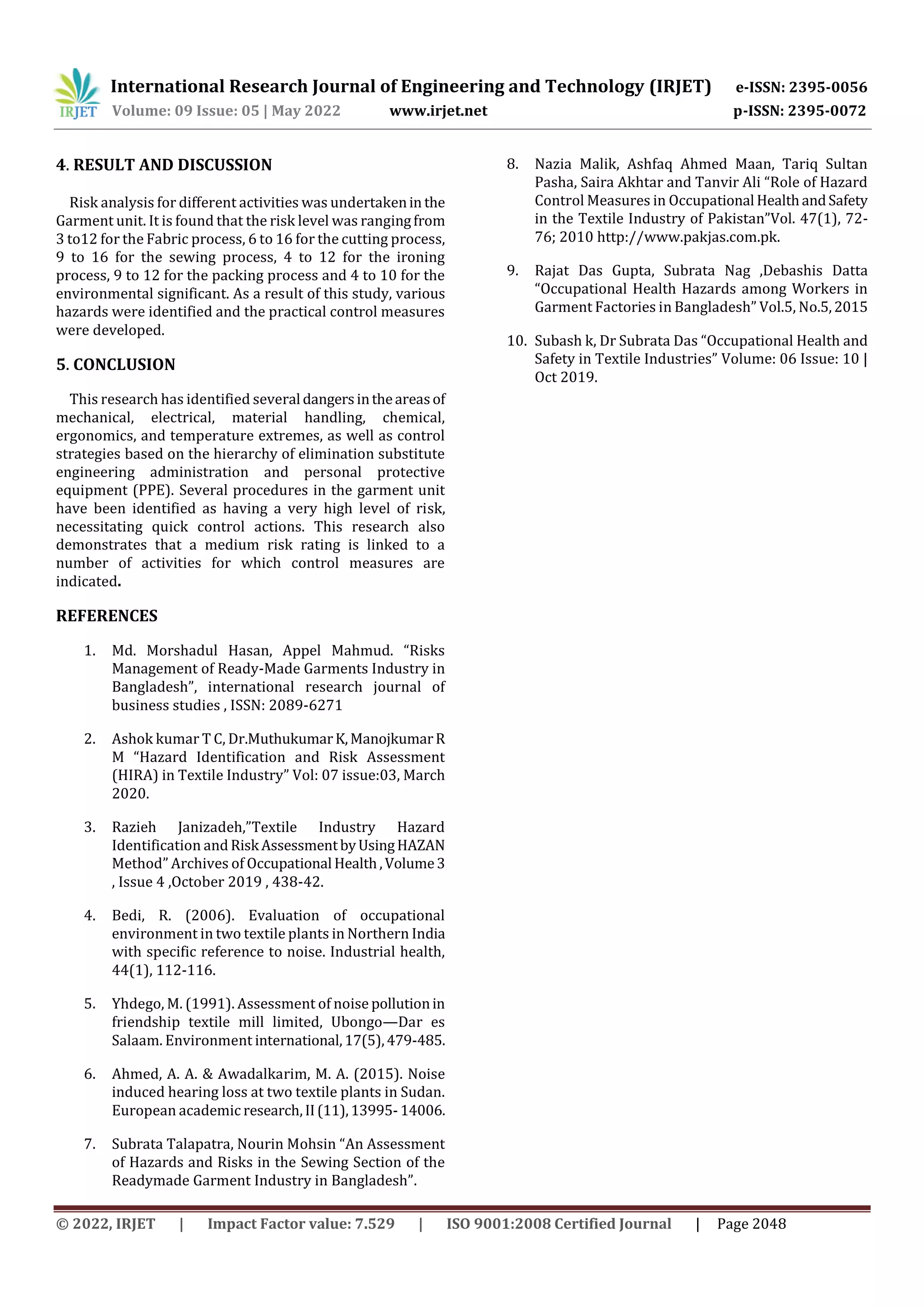 HAZARD IDENTIFICATION AND RISK ASSESSMENT OF A GARMENT UNIT | PDF