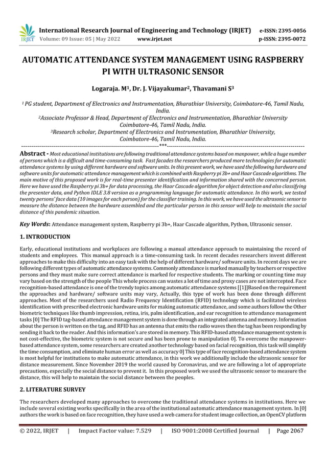 AUTOMATIC ATTENDANCE SYSTEM MANAGEMENT USING RASPBERRY PI WITH ULTRASONIC SENSOR | PDF