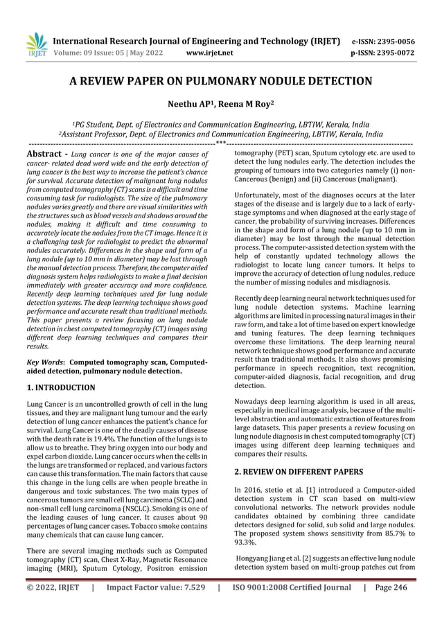 A REVIEW PAPER ON PULMONARY NODULE DETECTION | PDF | Lung and Respiratory Health | Diseases and ...