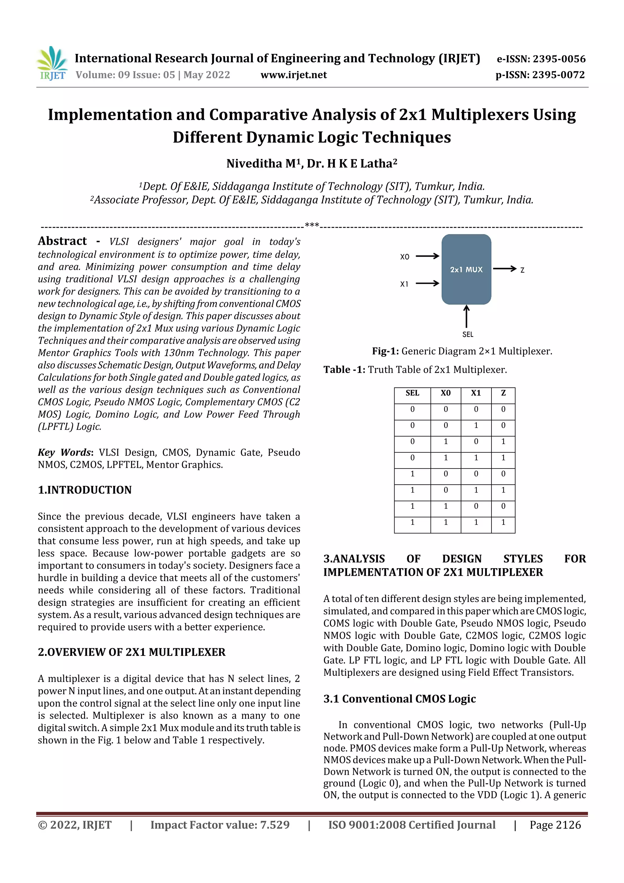 Implementation and Comparative Analysis of 2x1 Multiplexers Using Different Dynamic Logic ...