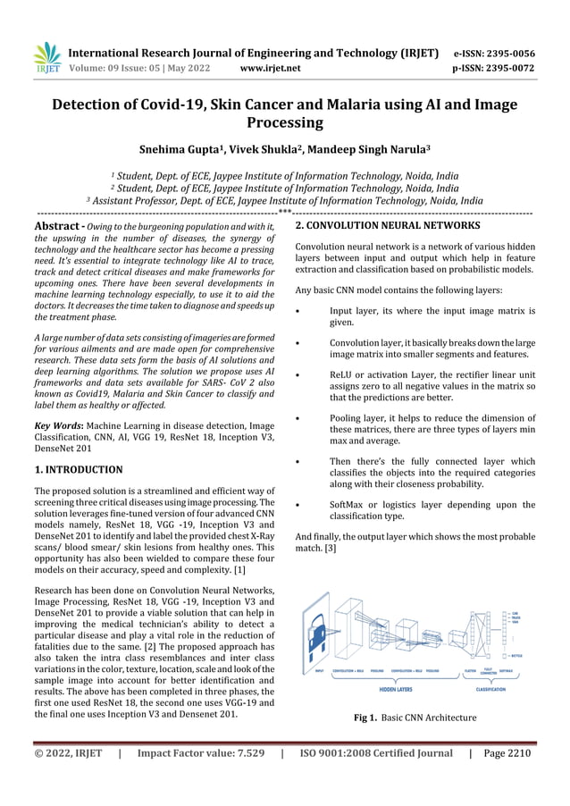 Detection of Covid-19, Skin Cancer and Malaria using AI and Image Processing | PDF