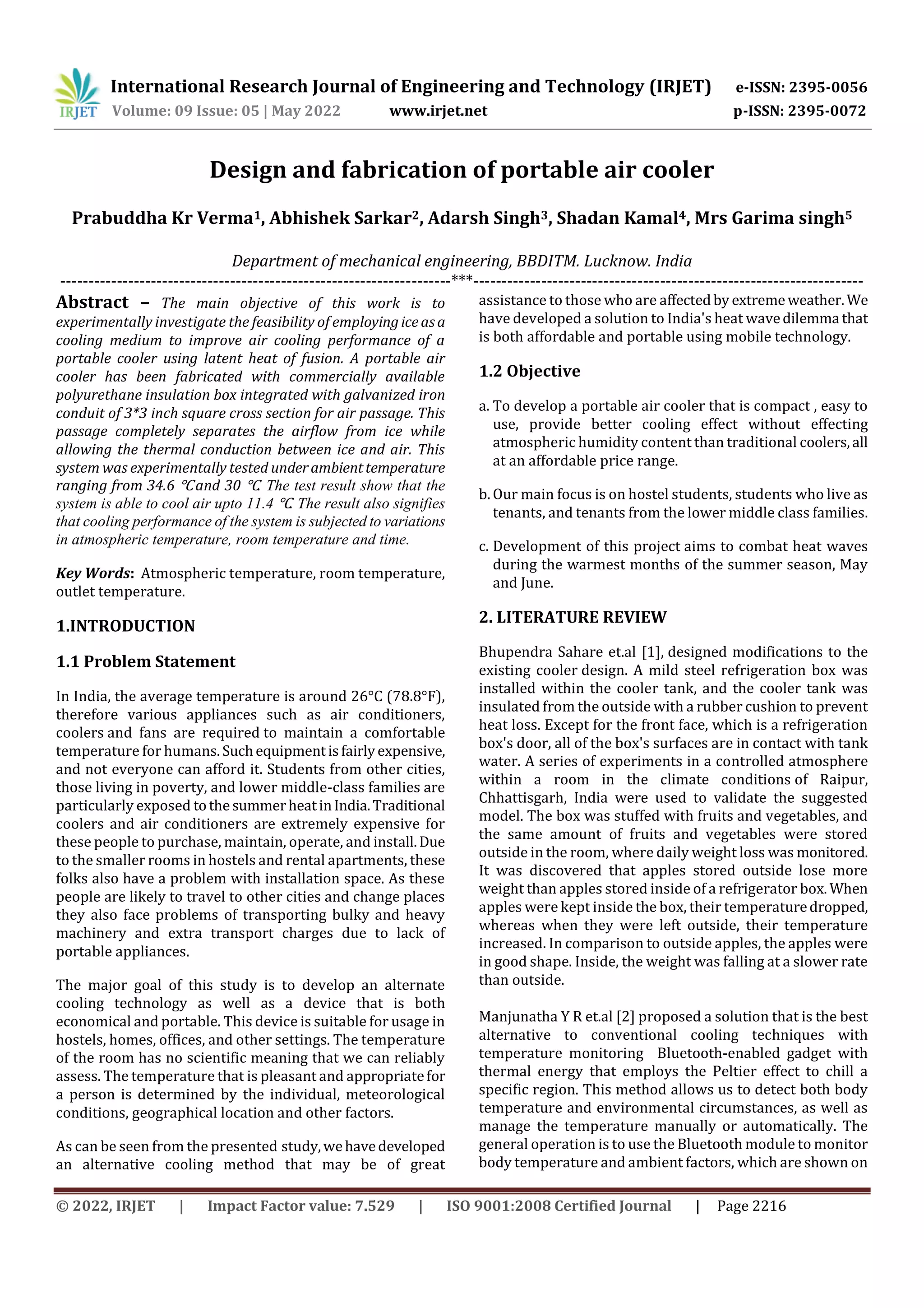 Design and fabrication of portable air cooler | PDF