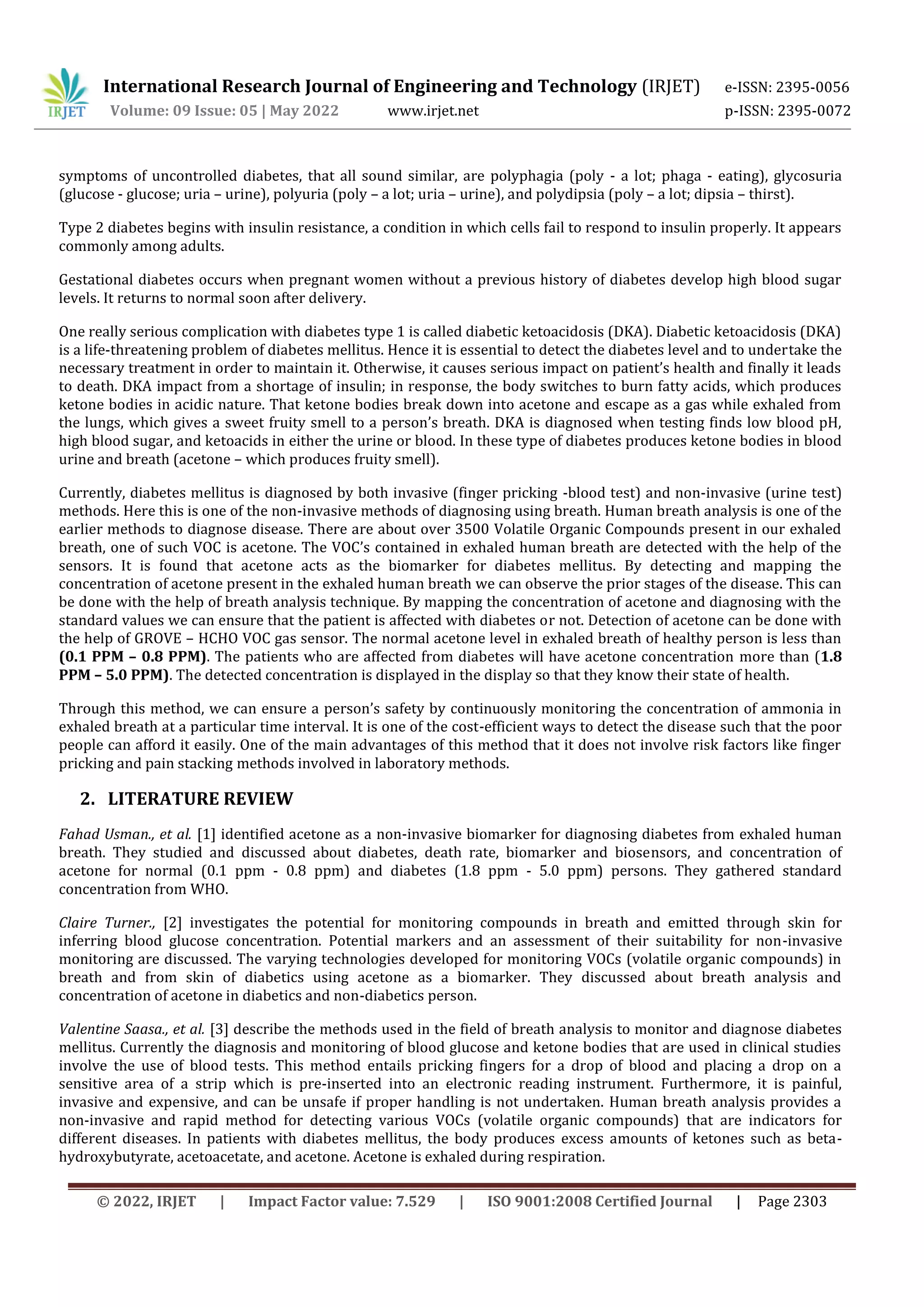 DIAGNOSIS OF DIABETES MELLITUS USING ACETONE AS BIOMARKER IN HUMAN ...