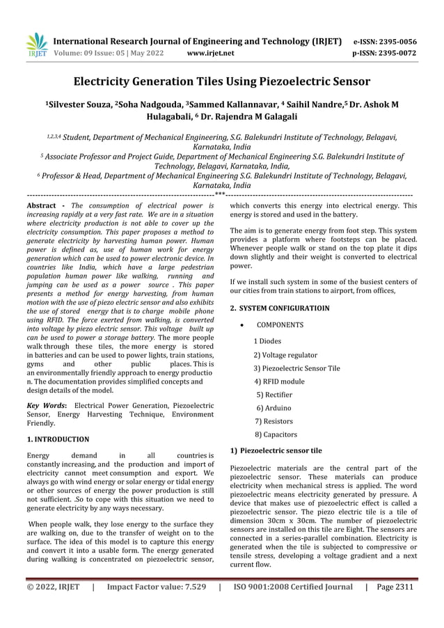 Electricity Generation Tiles Using Piezoelectric Sensor | PDF