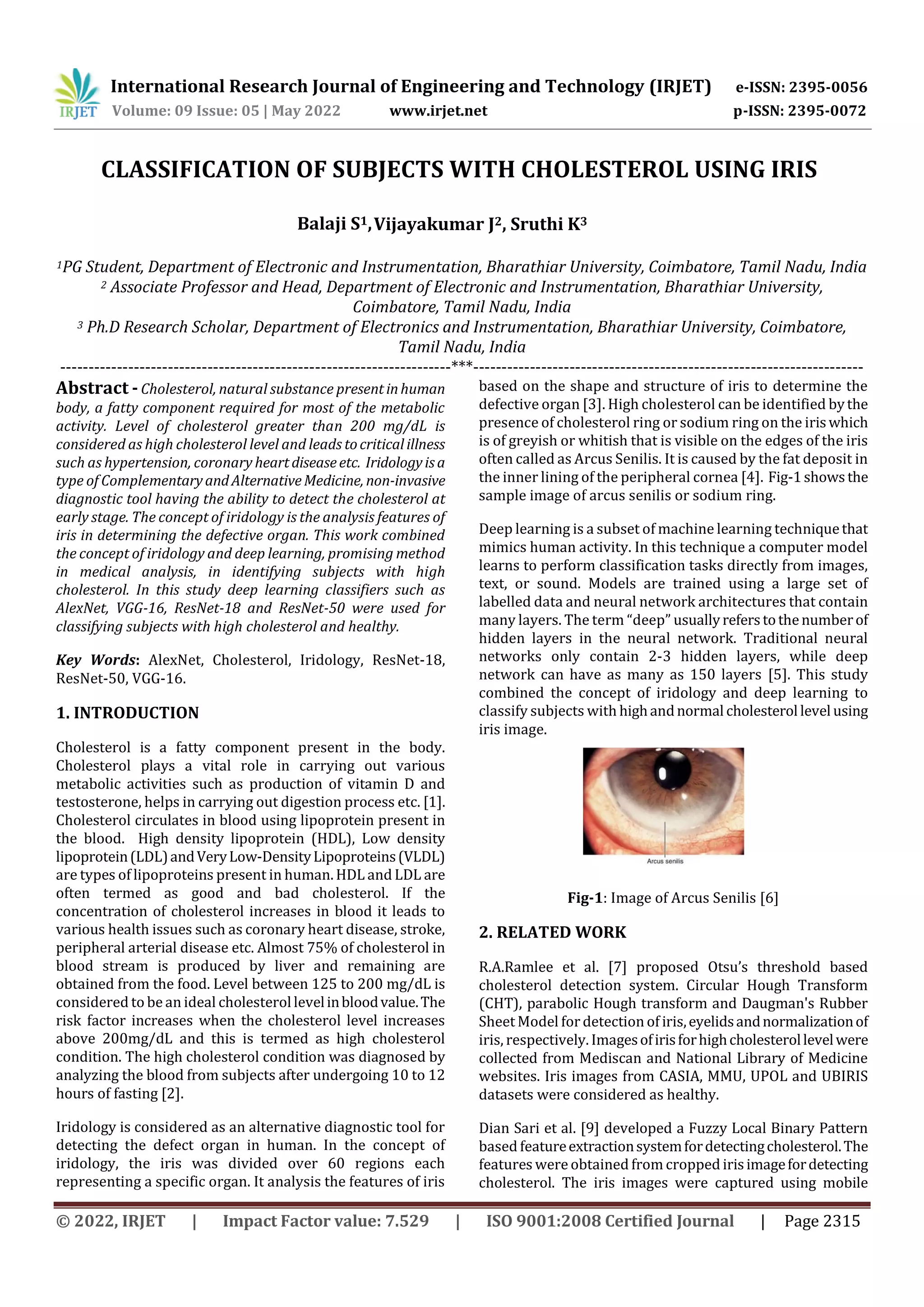 Classification Of Subjects With Cholesterol Using Iris Pdf
