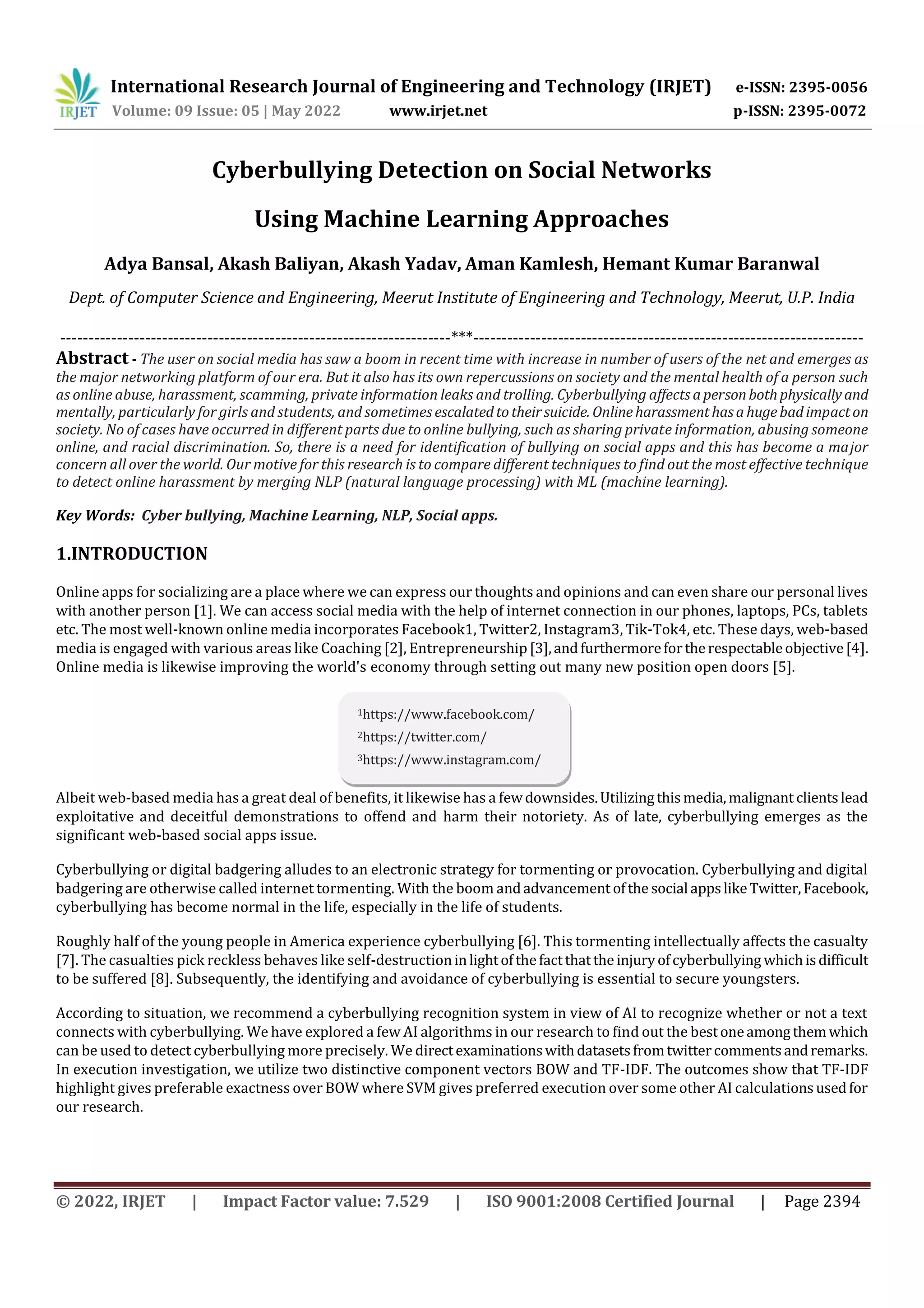 Cyberbullying Detection on Social Networks Using Machine Learning Approaches | PDF
