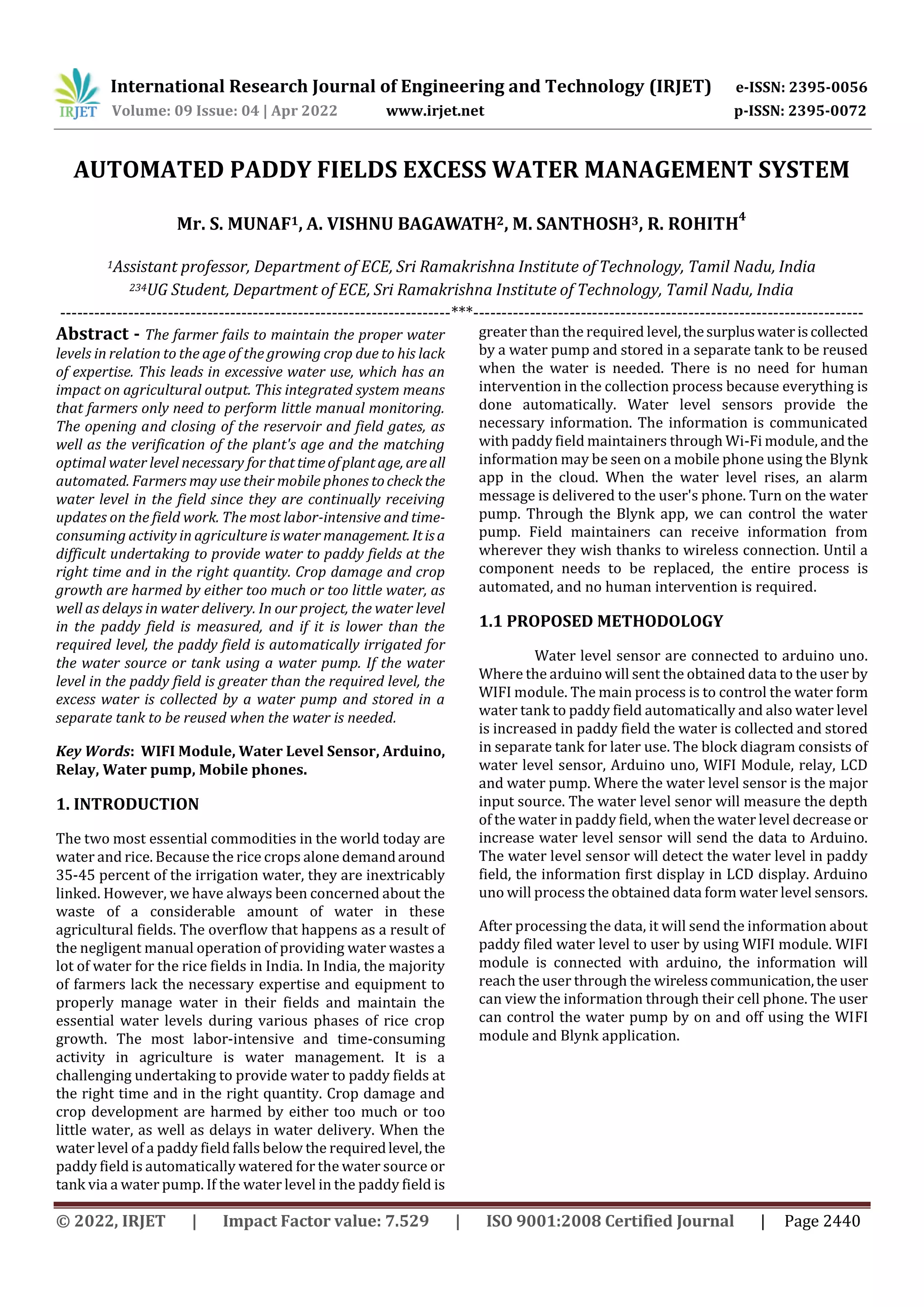 AUTOMATED PADDY FIELDS EXCESS WATER MANAGEMENT SYSTEM | PDF