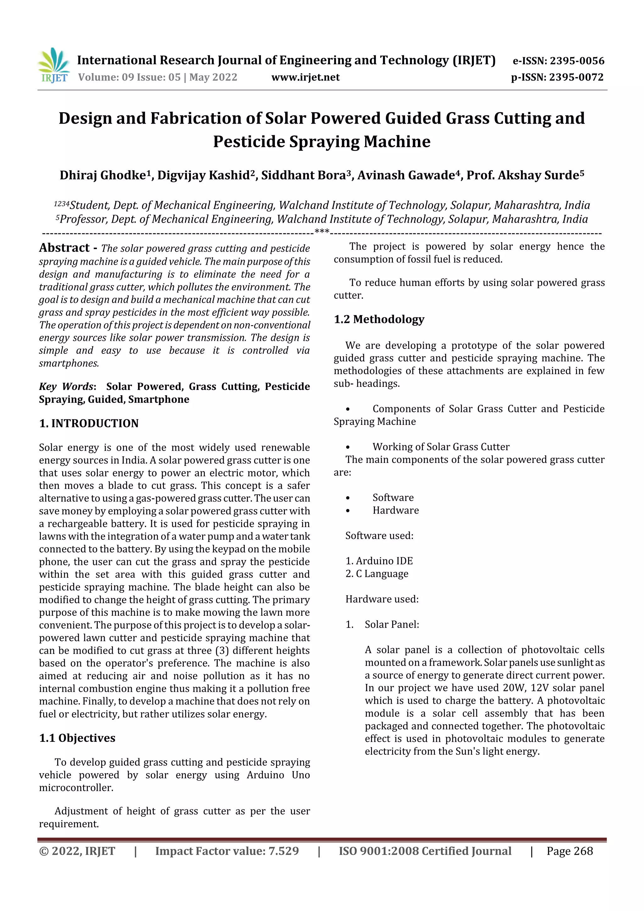 Design and Fabrication of Solar Powered Guided Grass Cutting and ...