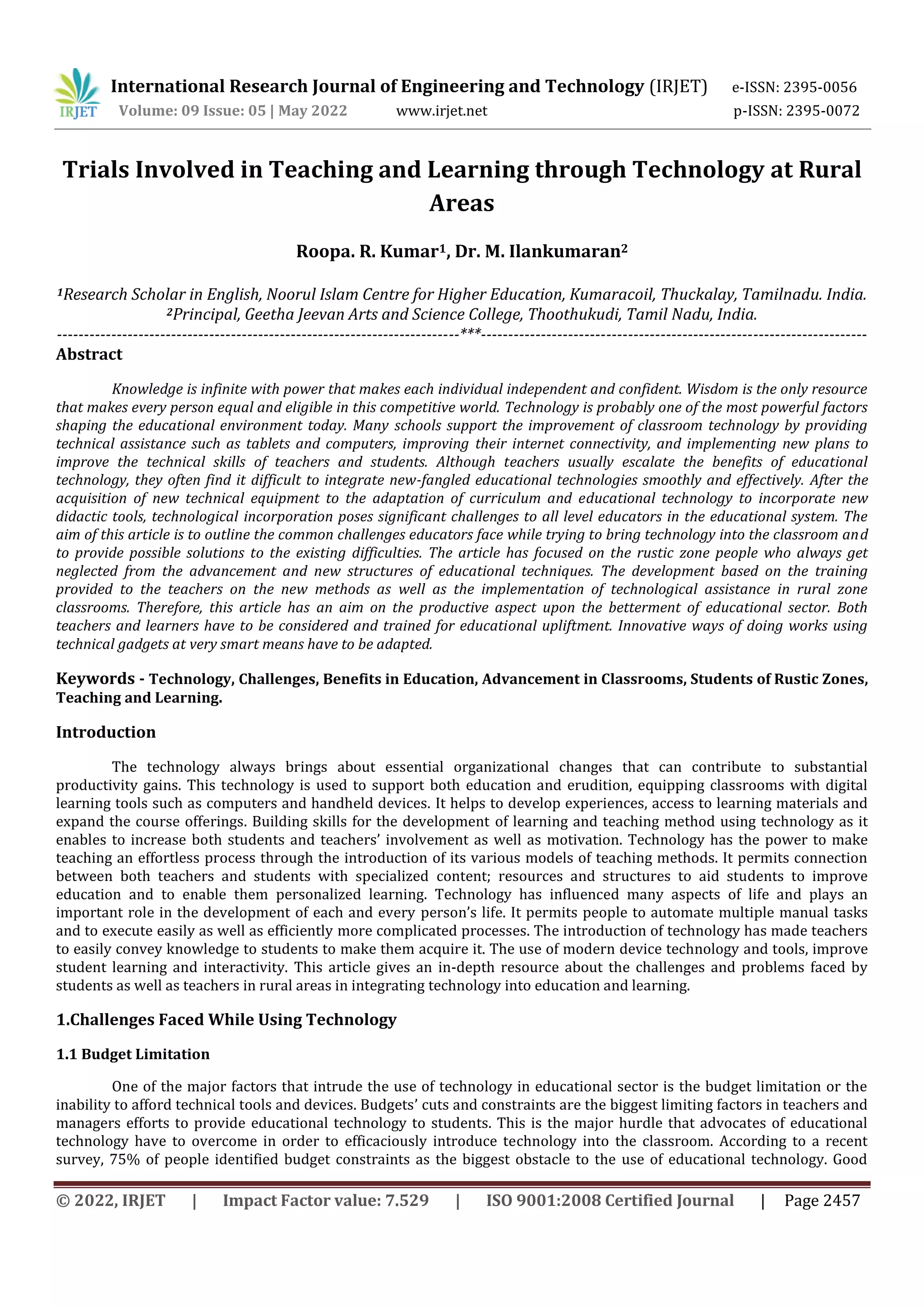 Trials Involved in Teaching and Learning through Technology at Rural ...