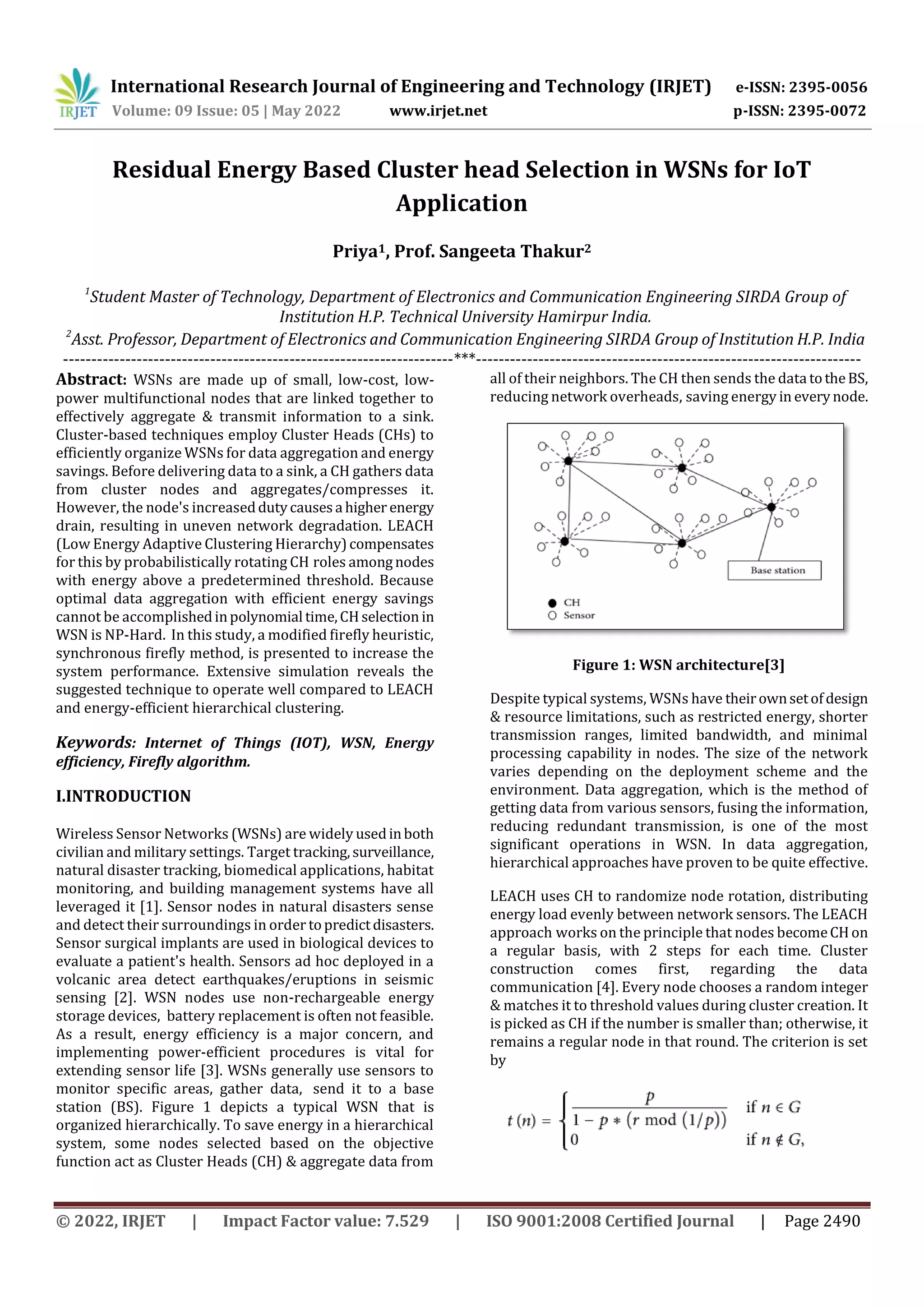 Residual Energy Based Cluster head Selection in WSNs for IoT Application | PDF