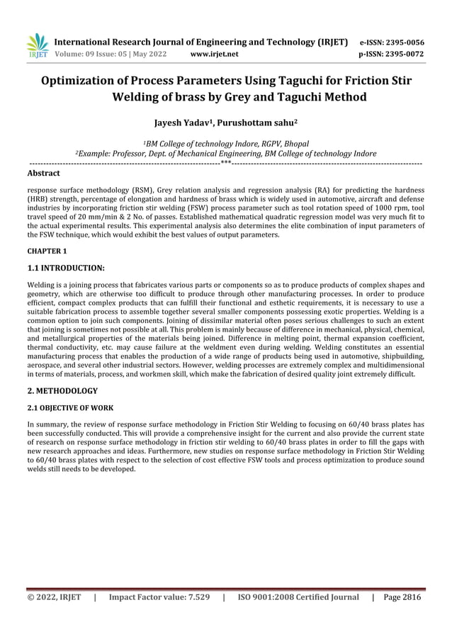 Optimization Of Process Parameters Using Taguchi For Friction Stir