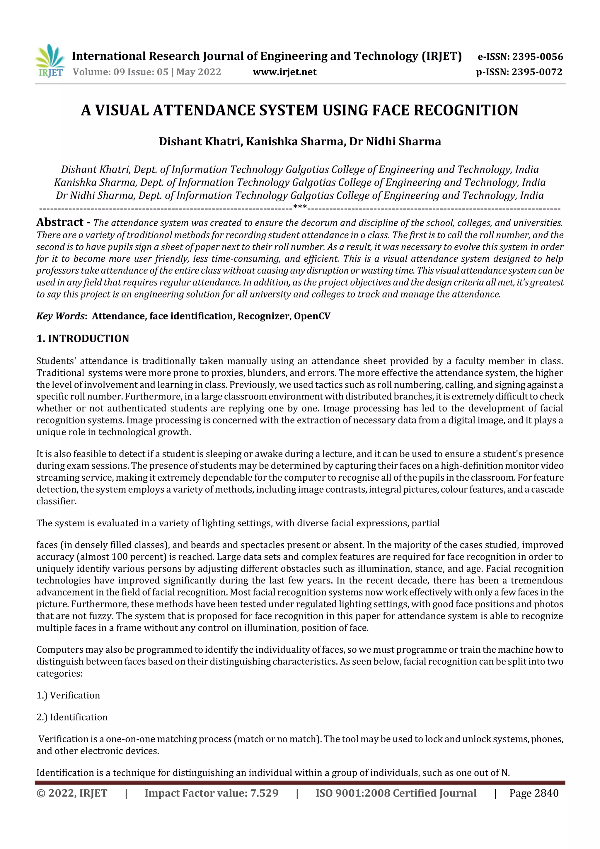 A VISUAL ATTENDANCE SYSTEM USING FACE RECOGNITION | PDF