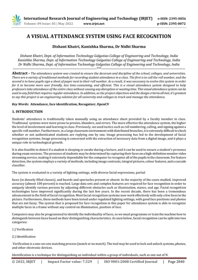 A VISUAL ATTENDANCE SYSTEM USING FACE RECOGNITION | PDF