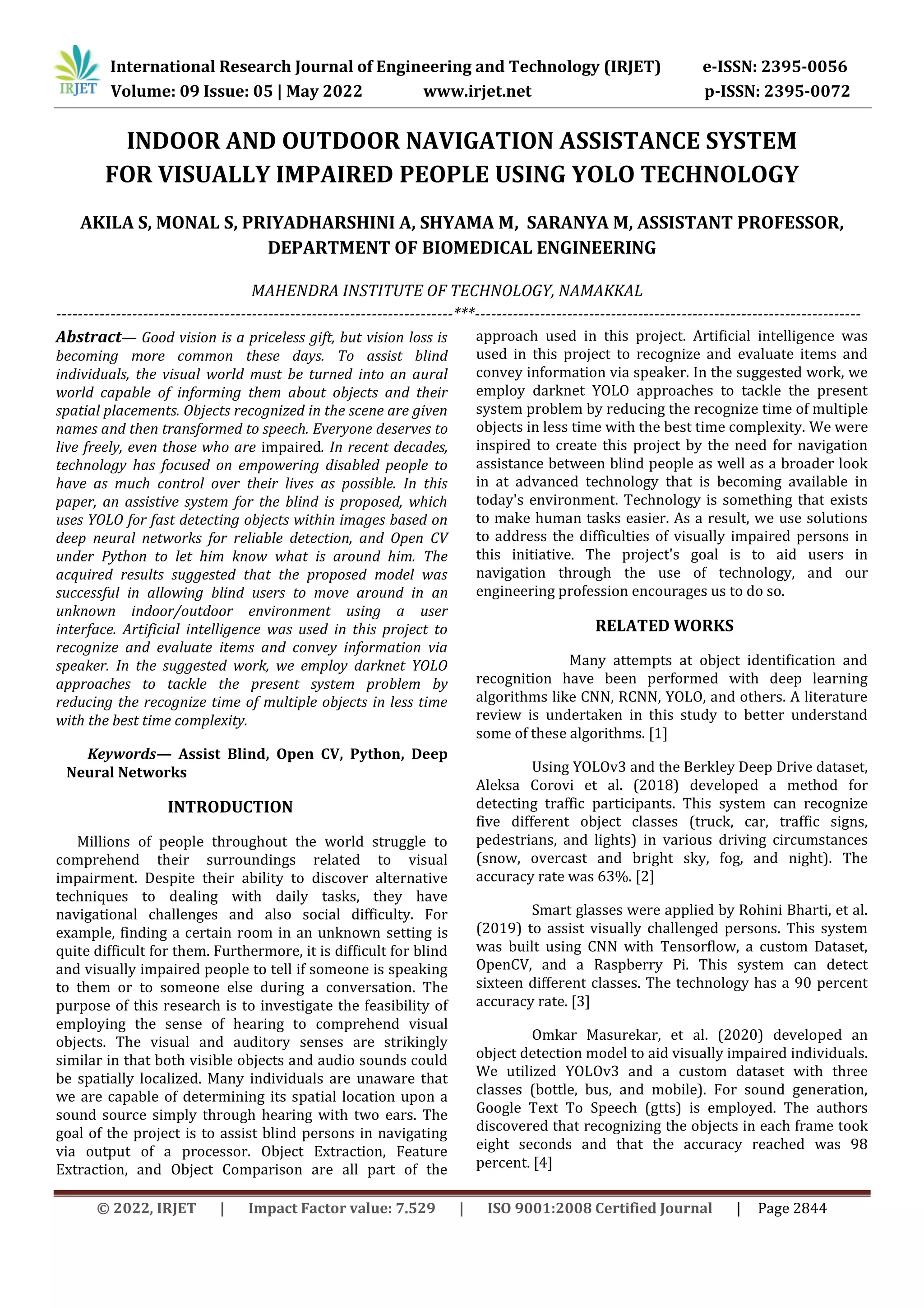 INDOOR AND OUTDOOR NAVIGATION ASSISTANCE SYSTEM FOR VISUALLY IMPAIRED PEOPLE USING YOLO ...