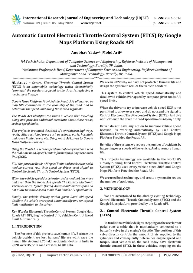 Automatic Control Electronic Throttle Control System (ETCS) By Google Maps Platform Using Roads ...