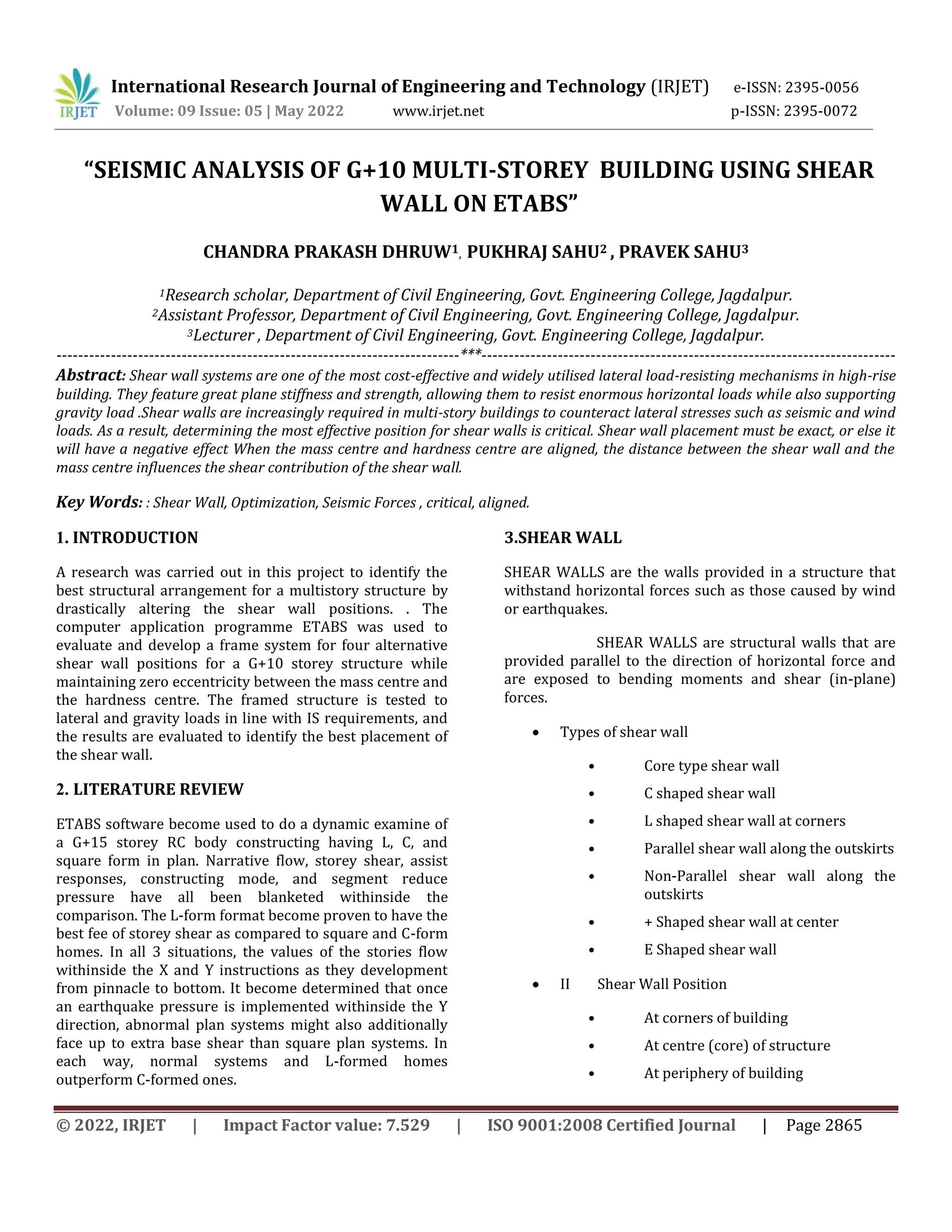 “SEISMIC ANALYSIS OF G+10 MULTI-STOREY BUILDING USING SHEAR WALL ON ...