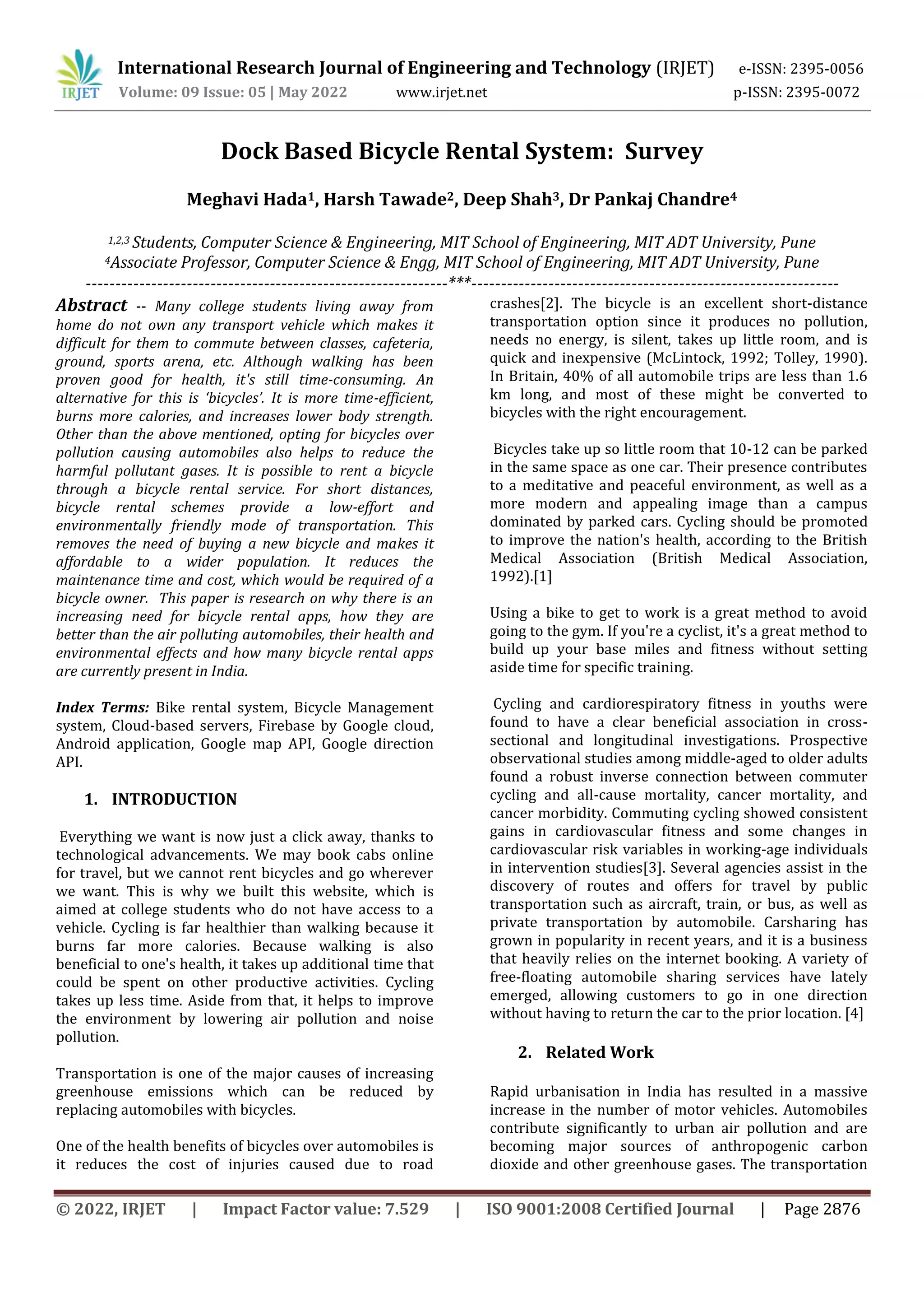 Dock Based Bicycle Rental System: Survey | PDF