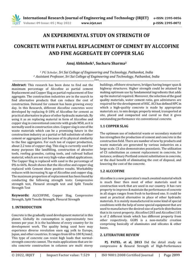 AN EXPERIMENTAL STUDY ON STRENGTH OF CONCRETE WITH PARTIAL REPLACEMENT OF CEMENT BY ALCCOFINE ...