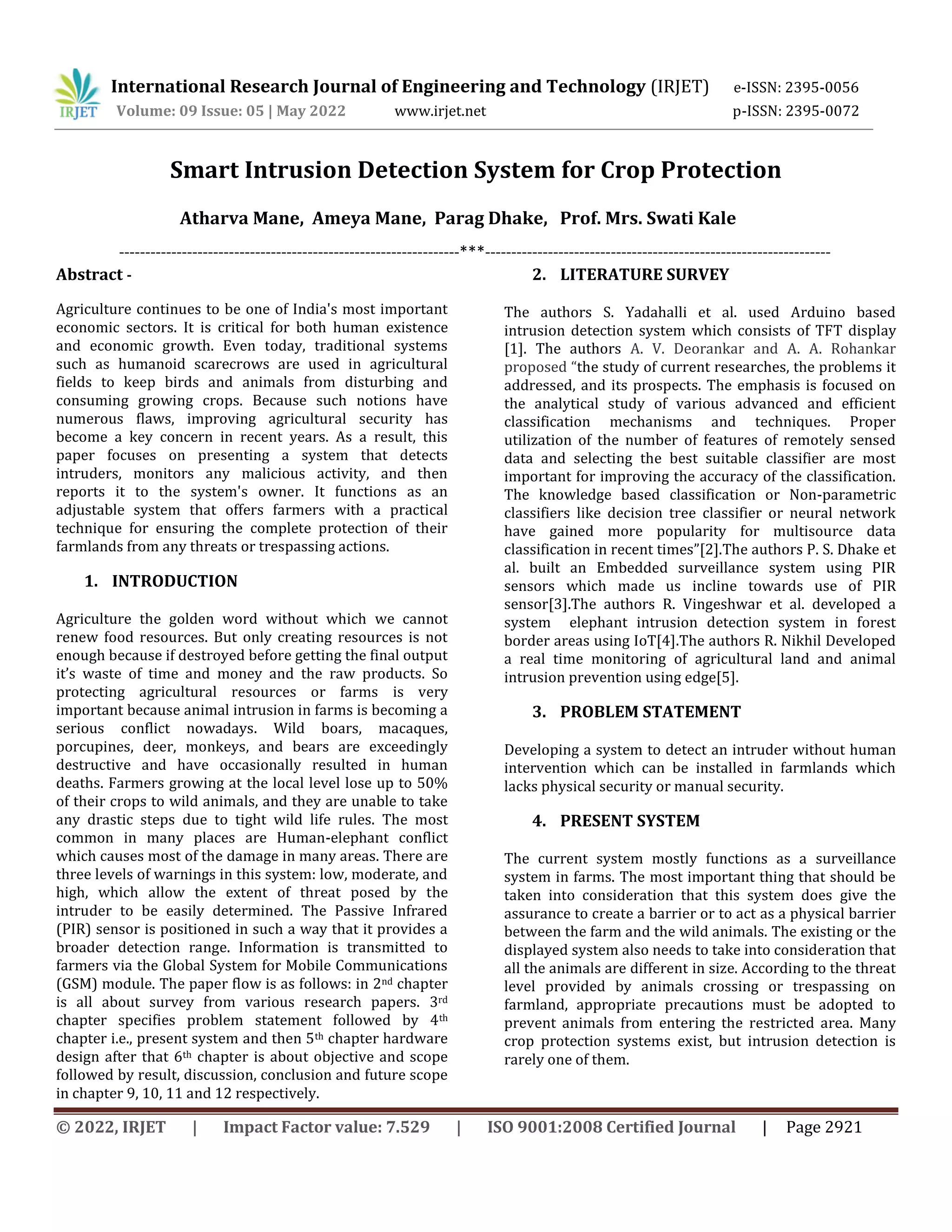 Smart Intrusion Detection System For Crop Protection Pdf