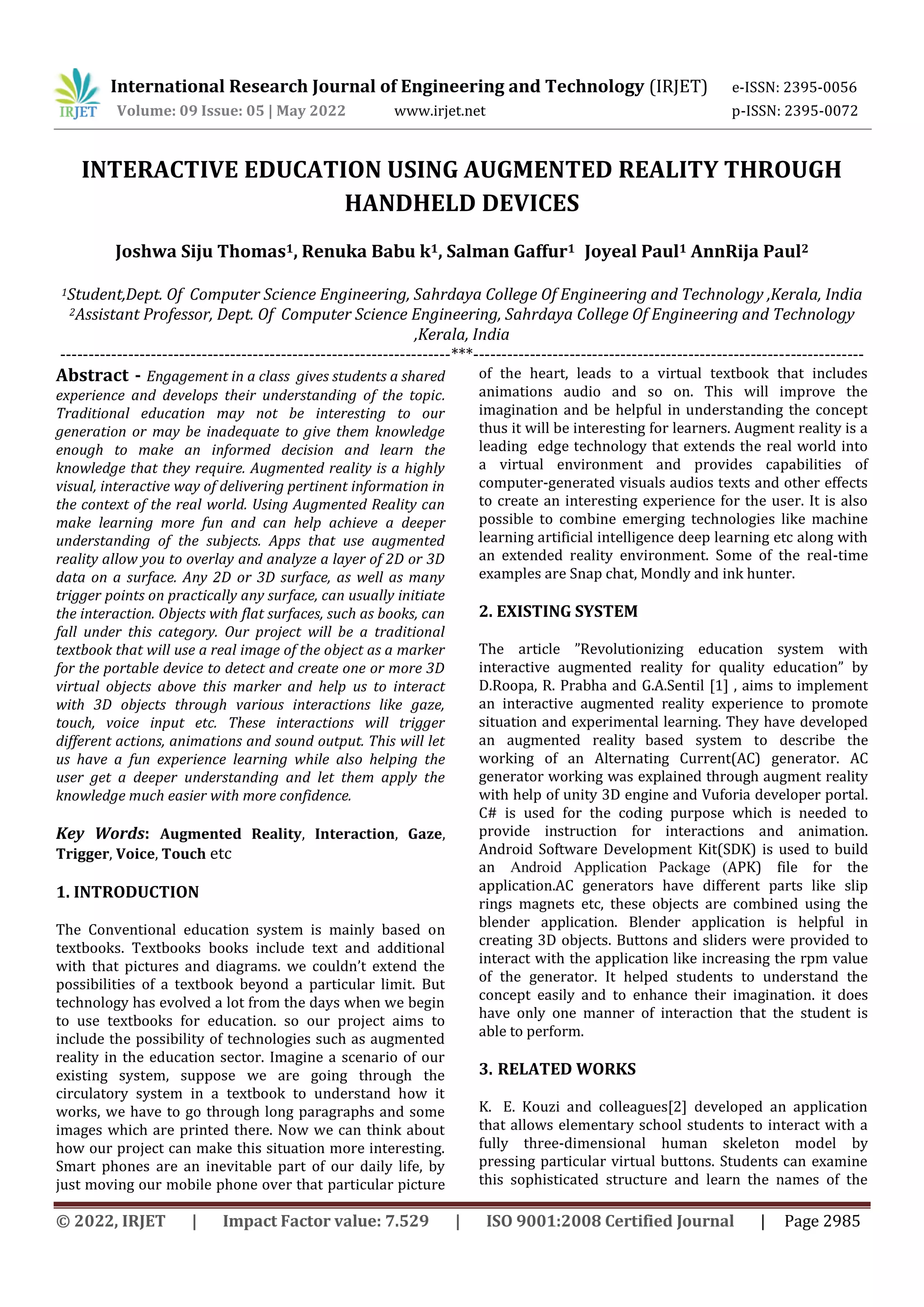 INTERACTIVE EDUCATION USING AUGMENTED REALITY THROUGH HANDHELD DEVICES ...