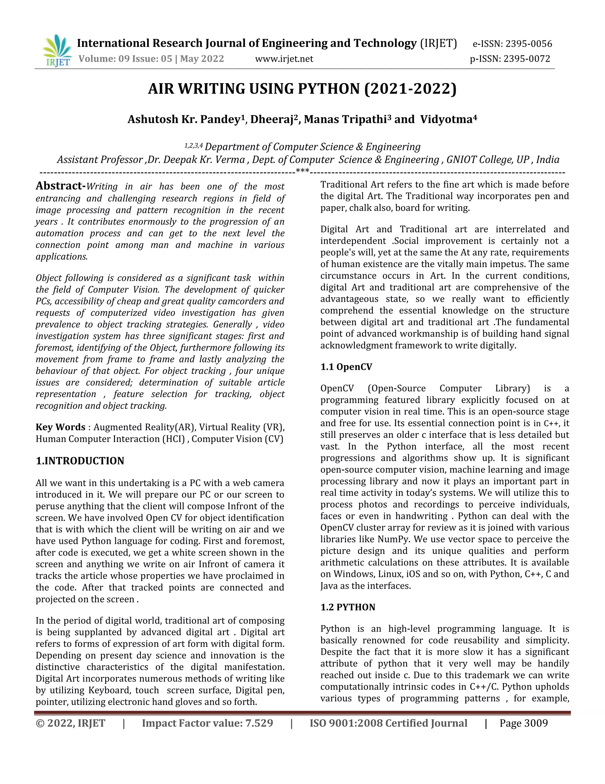 AIR WRITING USING PYTHON (2021-2022) | PDF