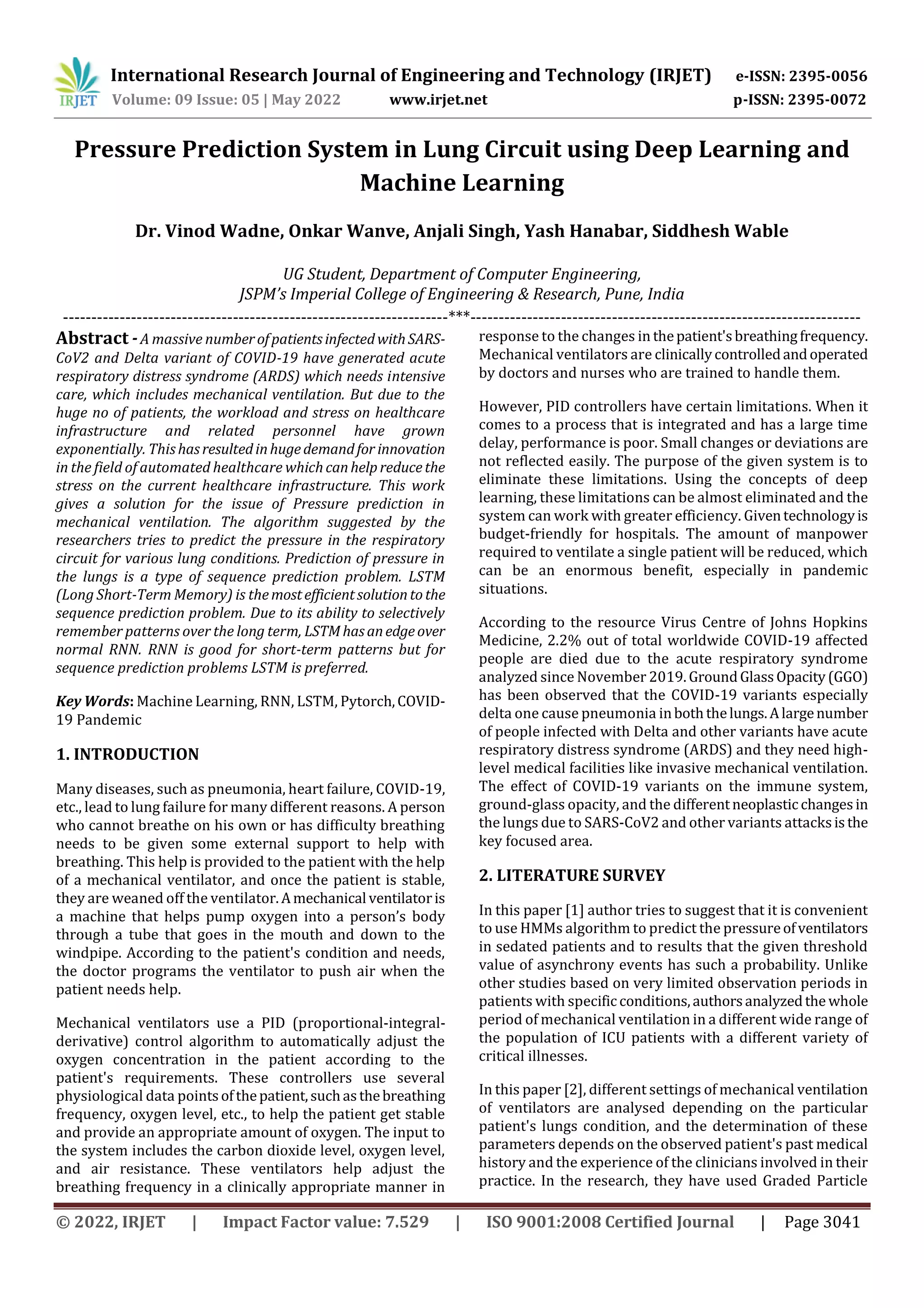 Pressure Prediction System in Lung Circuit using Deep Learning and Machine Learning | PDF