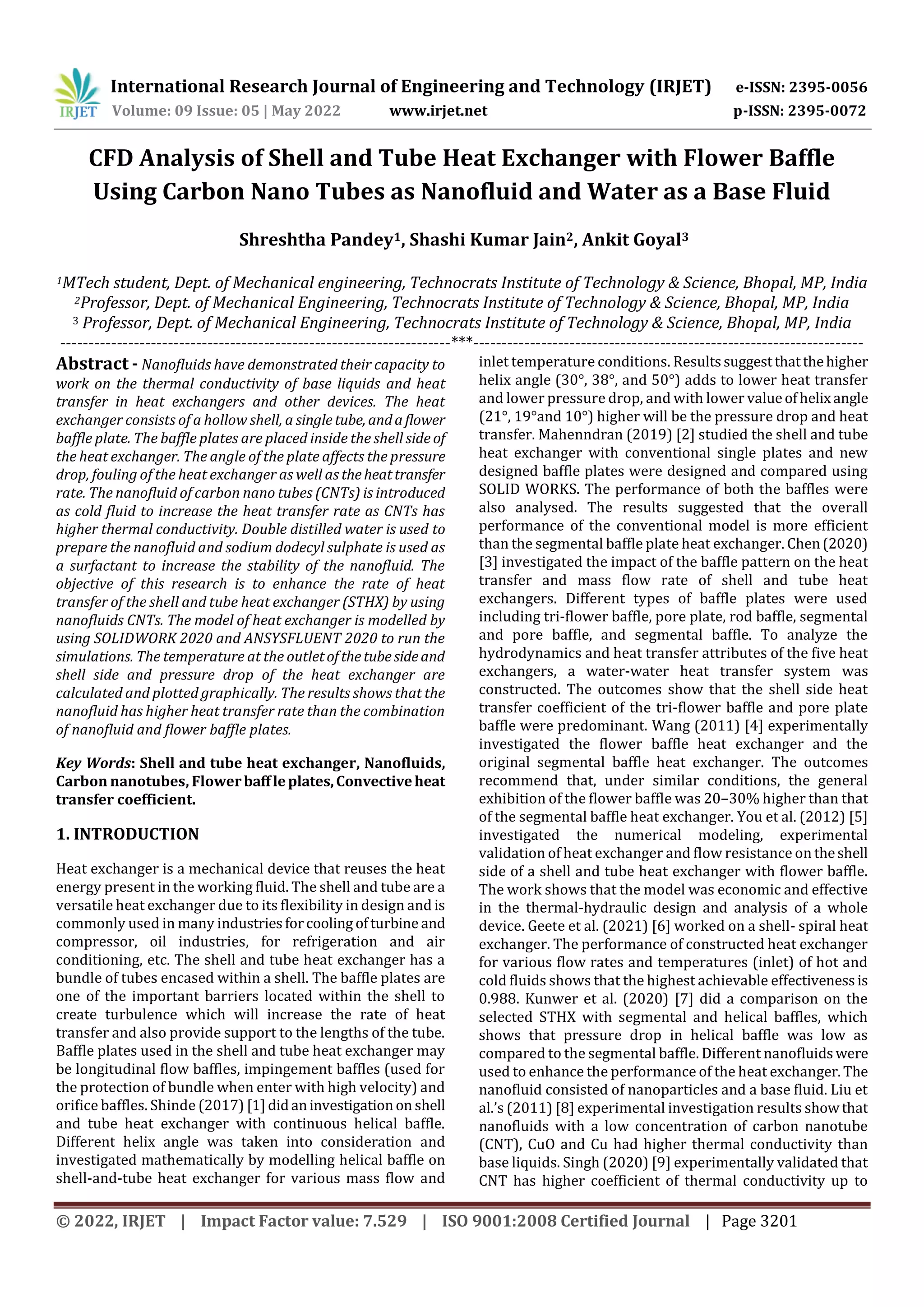 CFD Analysis of Shell and Tube Heat Exchanger with Flower Baffle Using Carbon Nano Tubes as ...