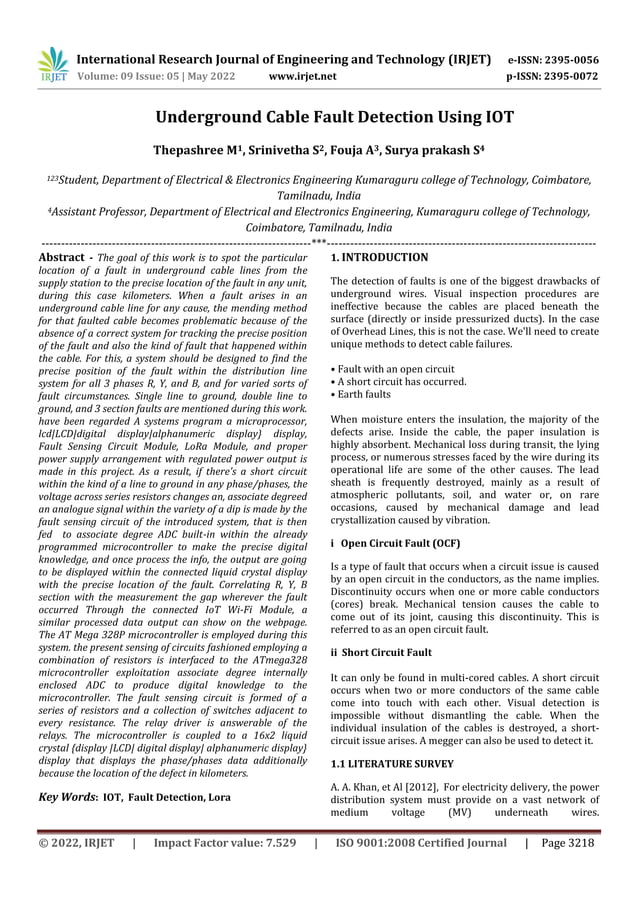 Underground Cable Fault Detection Using Iot Pdf