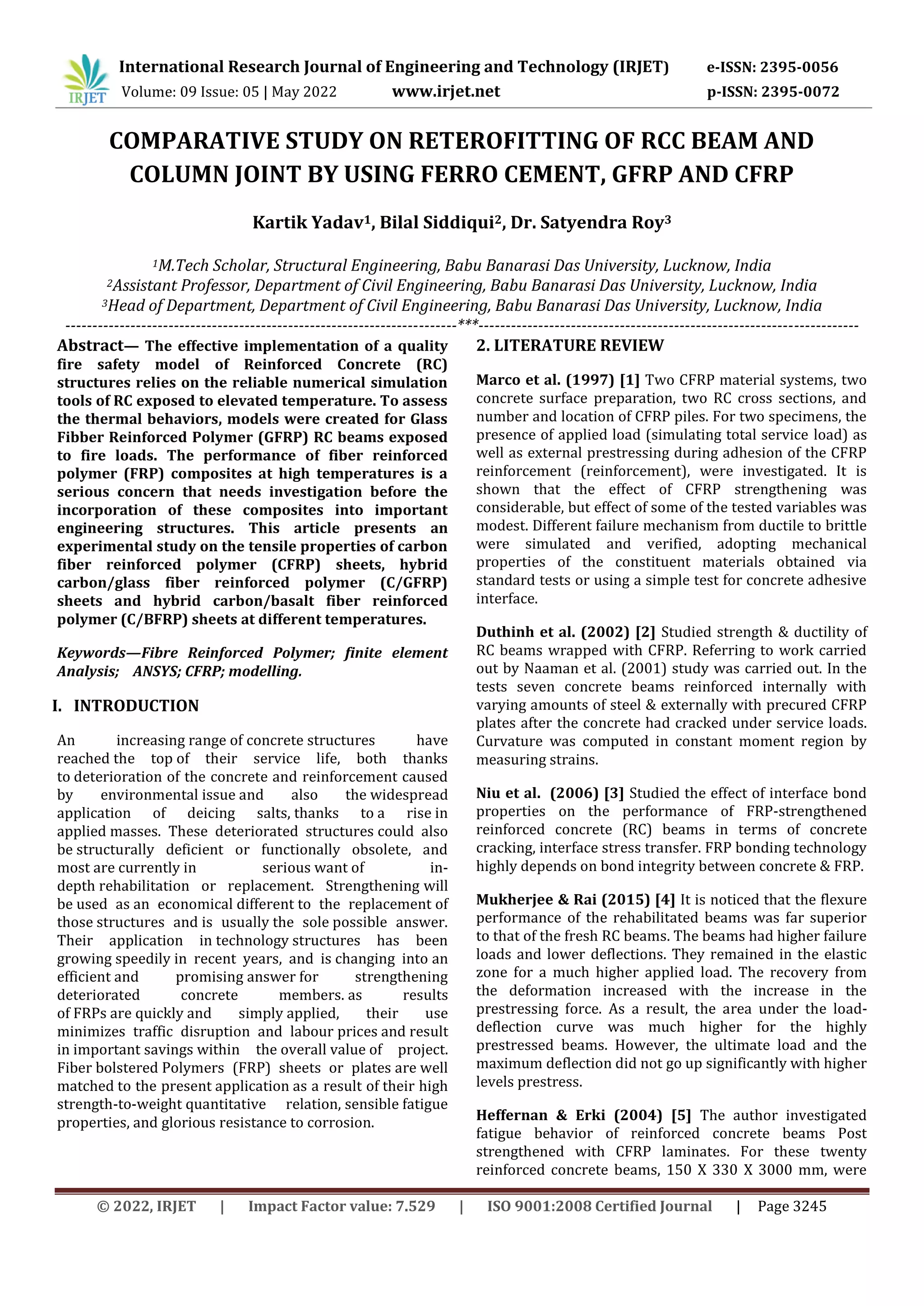 COMPARATIVE STUDY ON RETEROFITTING OF RCC BEAM AND COLUMN JOINT BY USING FERRO CEMENT, GFRP AND ...