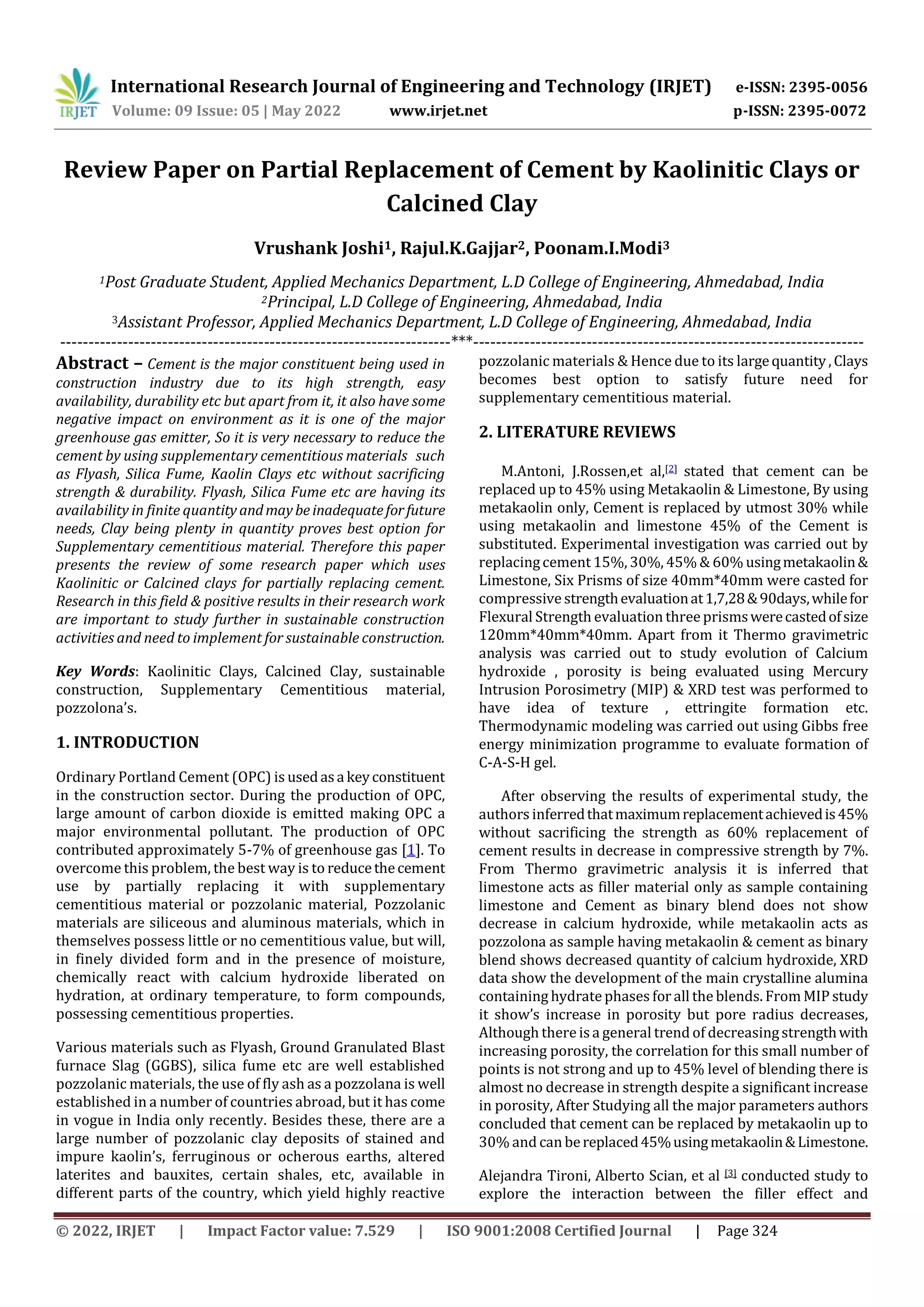 Review Paper on Partial Replacement of Cement by Kaolinitic Clays or ...