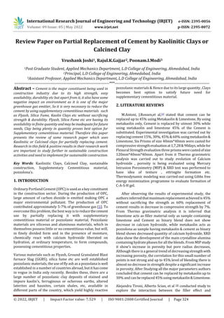 Review Paper on Partial Replacement of Cement by Kaolinitic Clays or Calcined Clay | PDF
